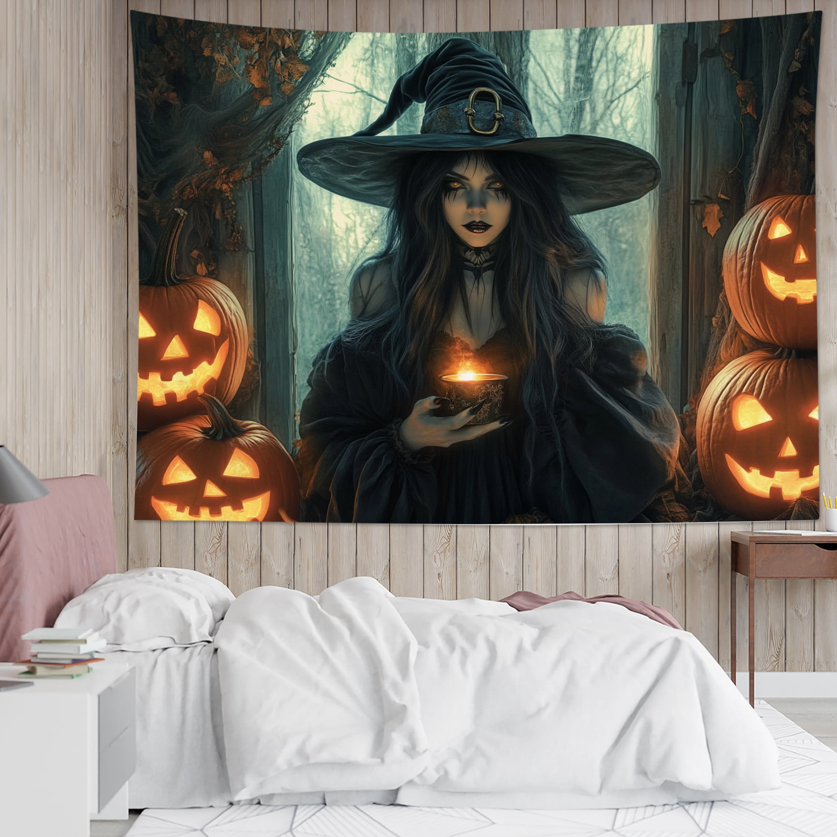 HVEST Halloween Witch Tapestry Wall Hanging Scary Orange Pumpkin Wall ...