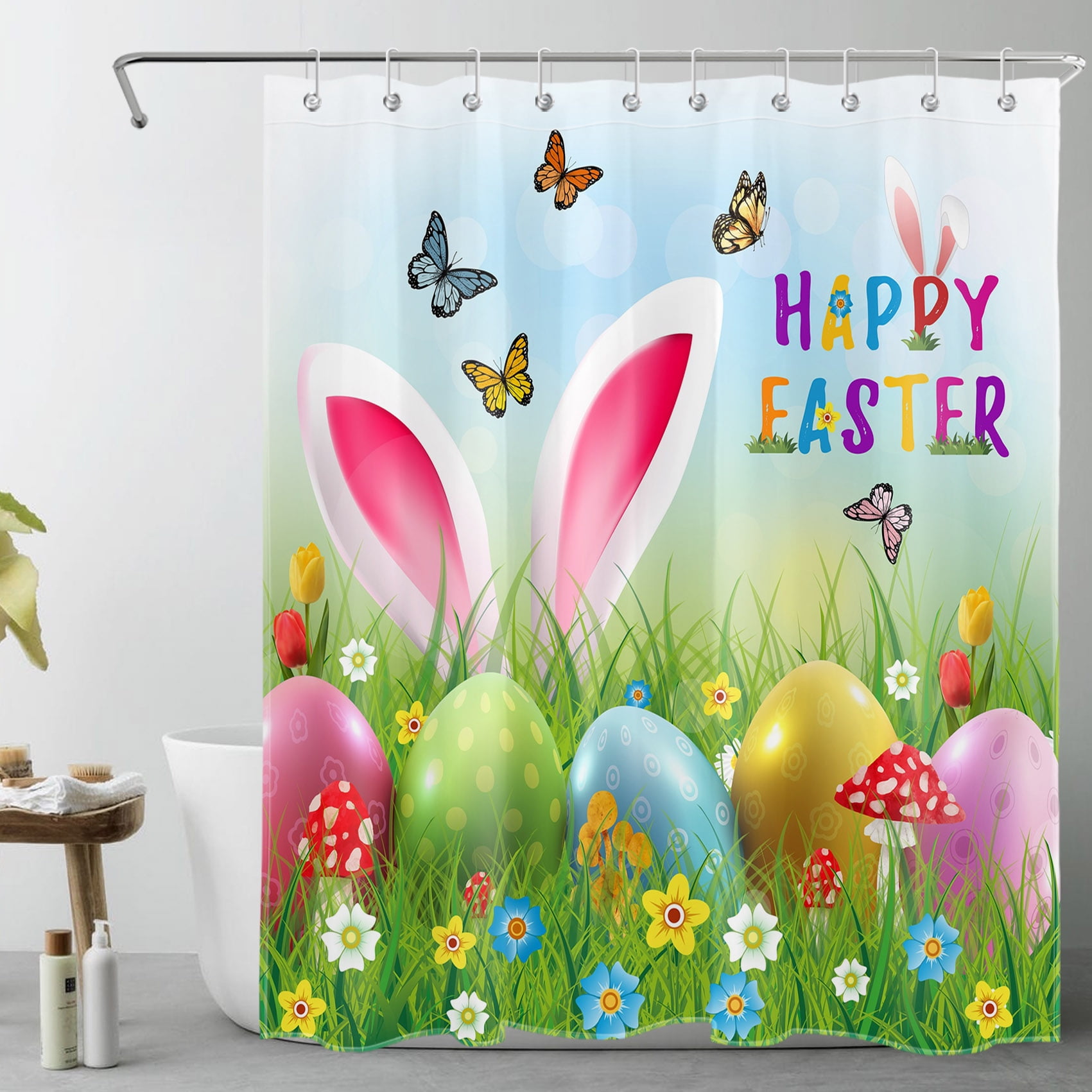 HVEST Happy Easter Shower Curtain for Bathroom,Funny Rabbit Ears with ...