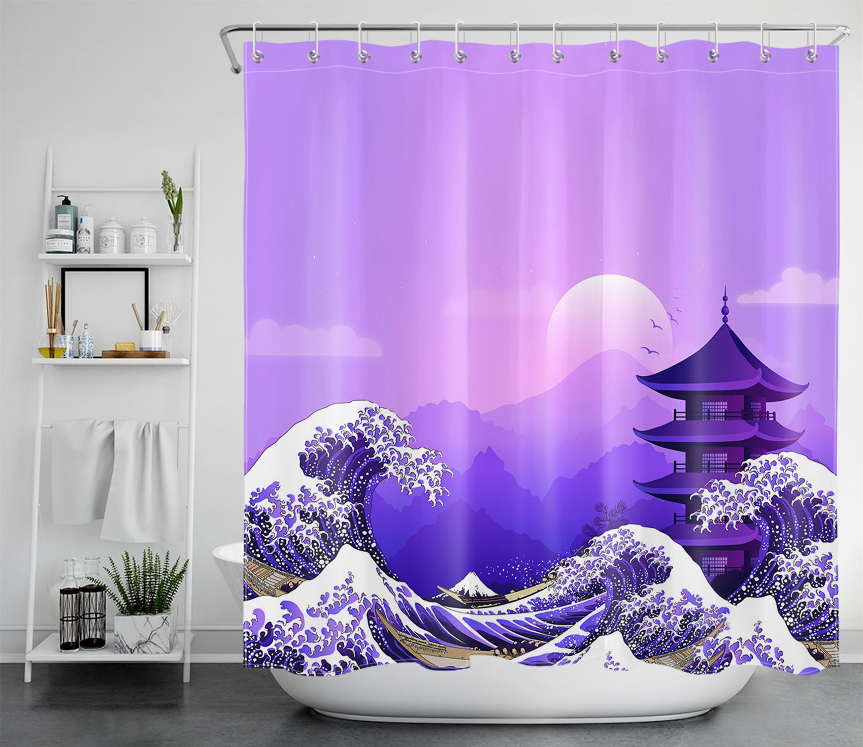 HVEST Japanese Wave Shower Curtain Decor, Sailboat Sunset and Five ...