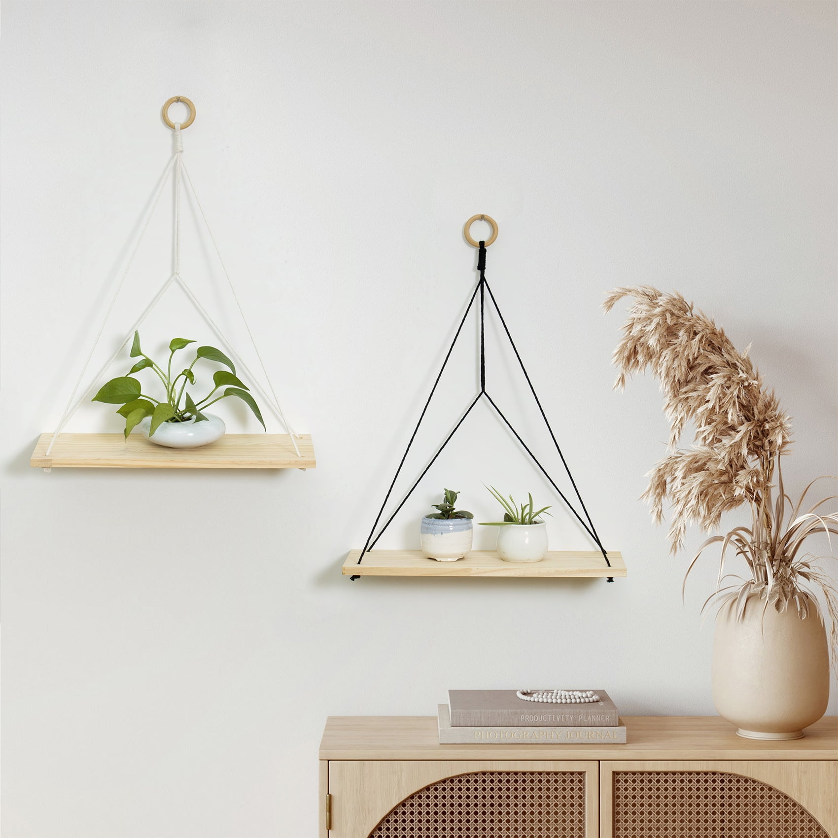 HVEST Macrame Wall Hanging Shelf - Boho Wall Decor Set of 2, Wood ...