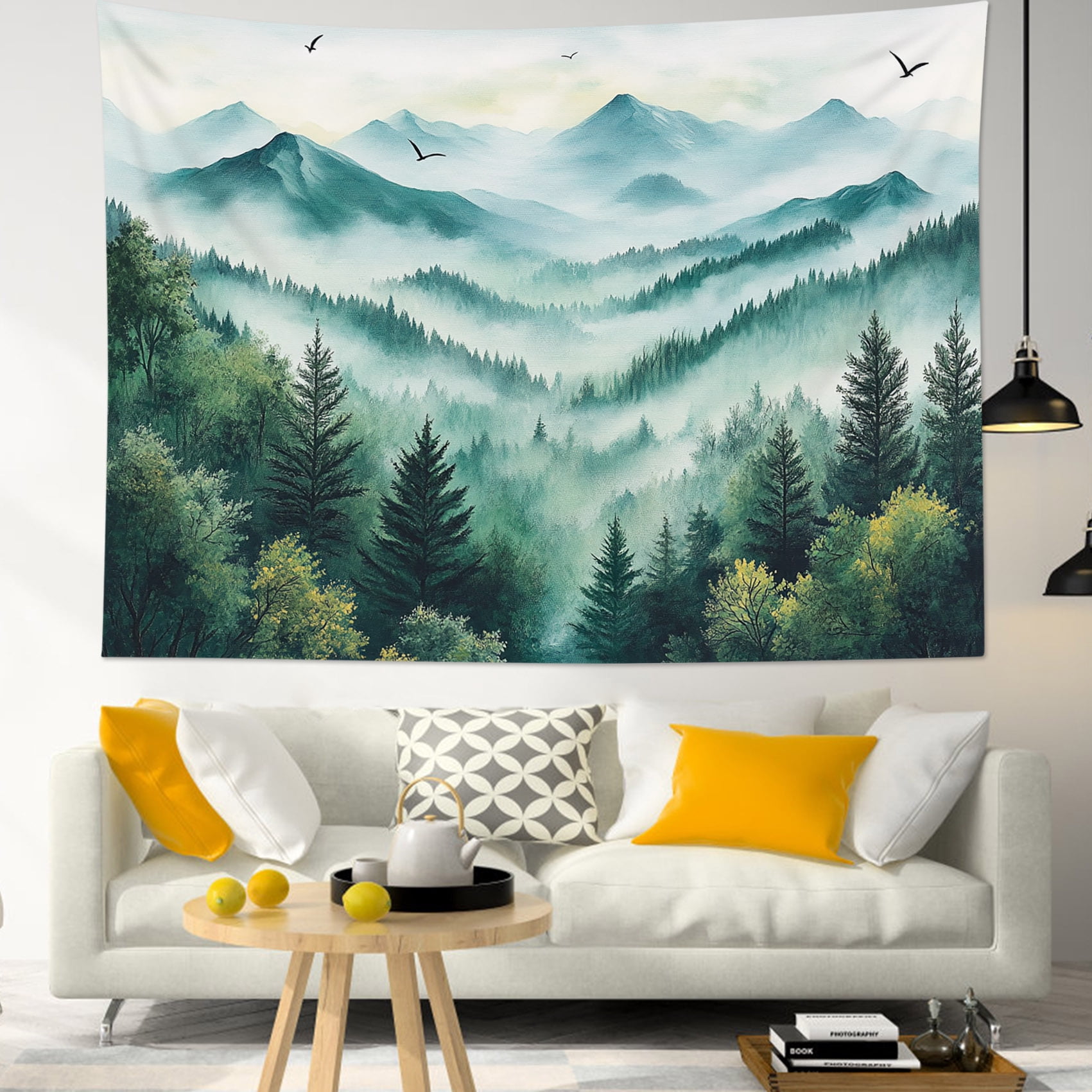 HVEST Misty Forest Mountain Tapestry Wall Hanging Green Pine Tree ...