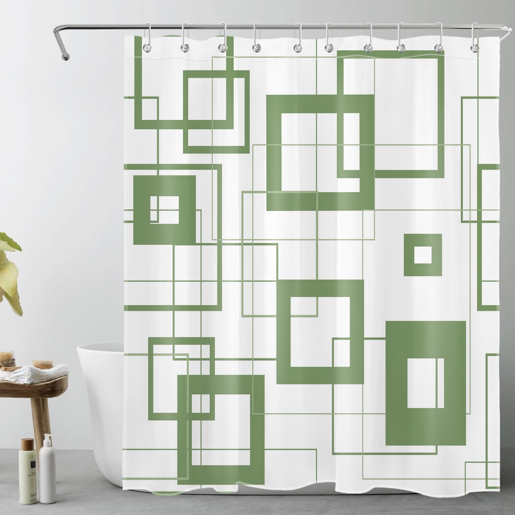 HVEST Modern Sage Green Shower Curtain Decor,Mid Century Minimalist Art Green and White ...