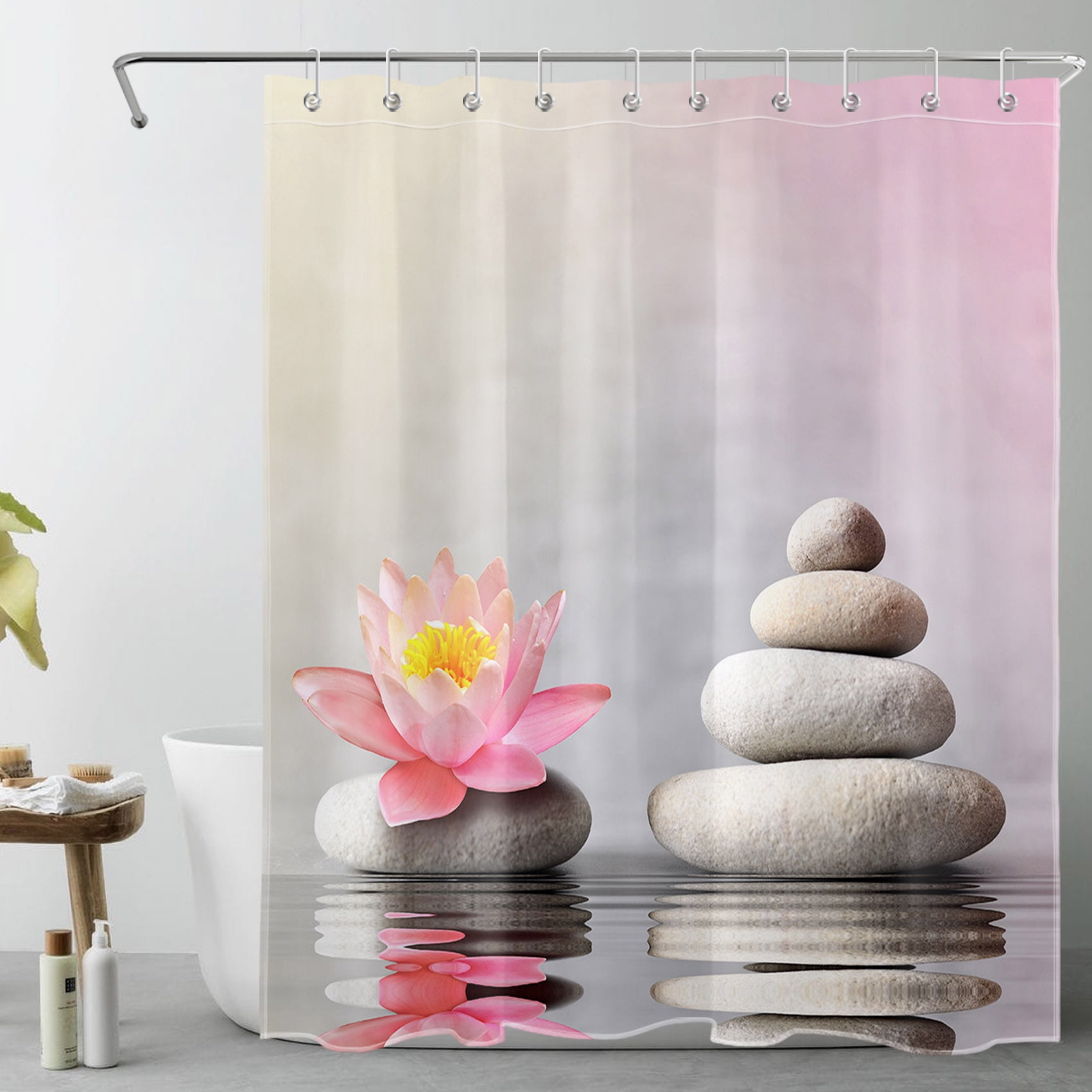 HVEST Modern Zen Shower Curtain Decor, Grey Pebble with Pink Water Lily ...