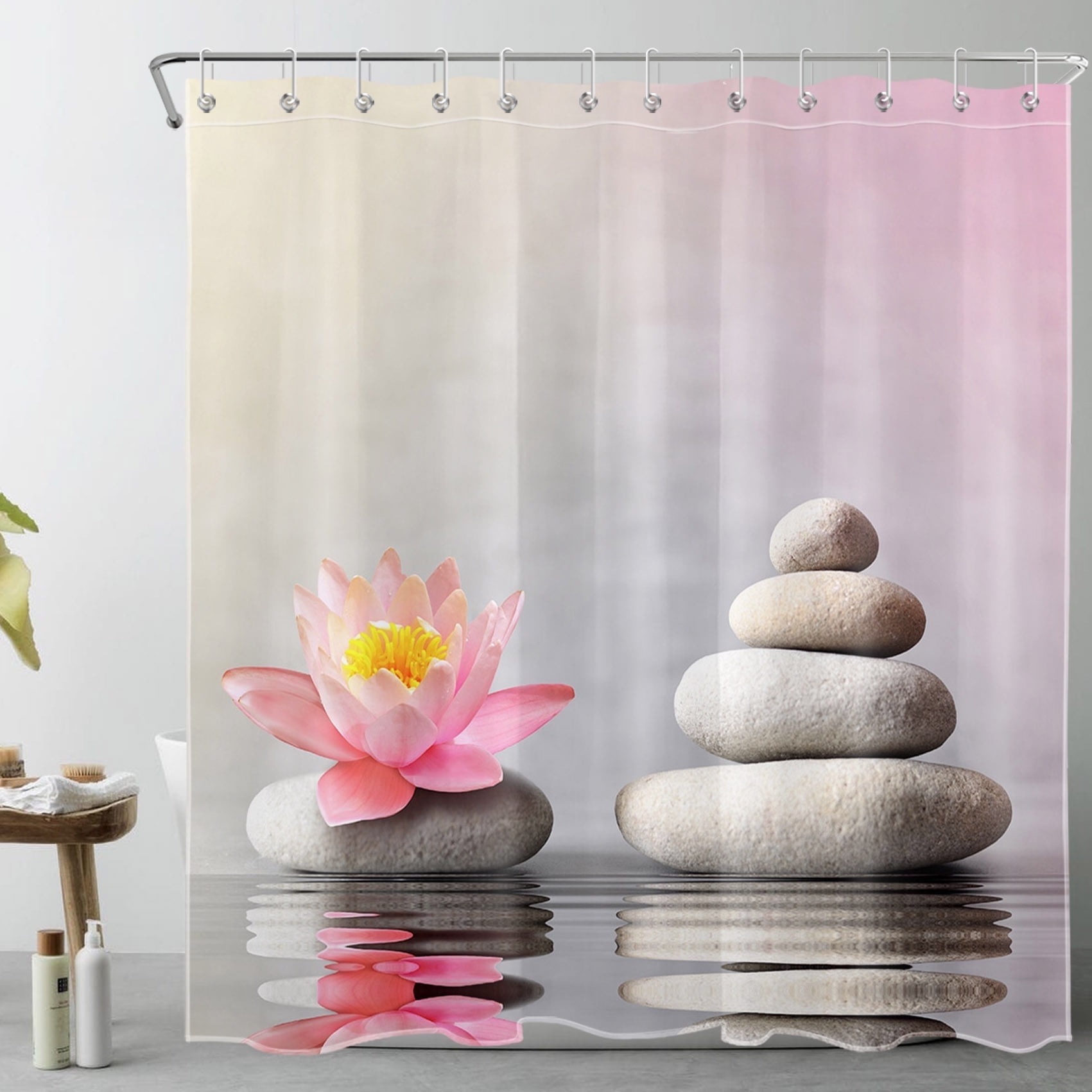 HVEST Modern Zen Shower Curtain Decor, Grey Pebble with Pink Water Lily ...