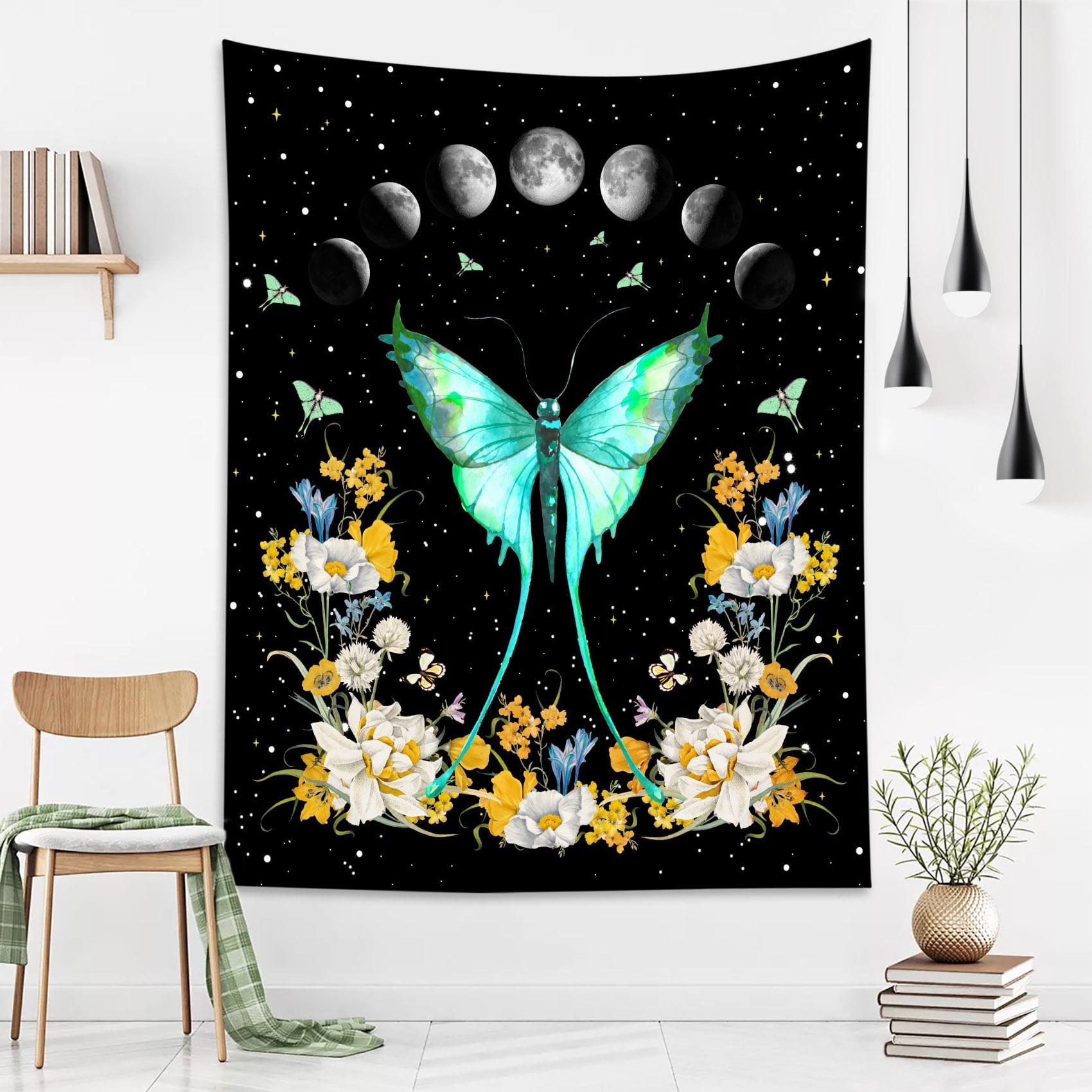 HVEST Moth Tapestry, Teal Moth with Colorful Plants Floral Moon Phase ...