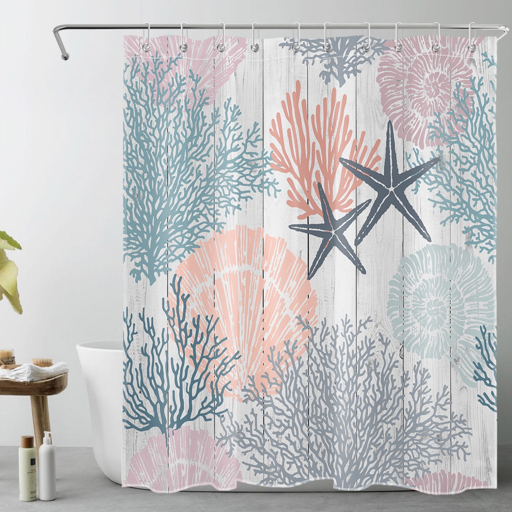 HVEST Nautical Coastal Shower Curtain for Bathroom Sea Life Starfish ...