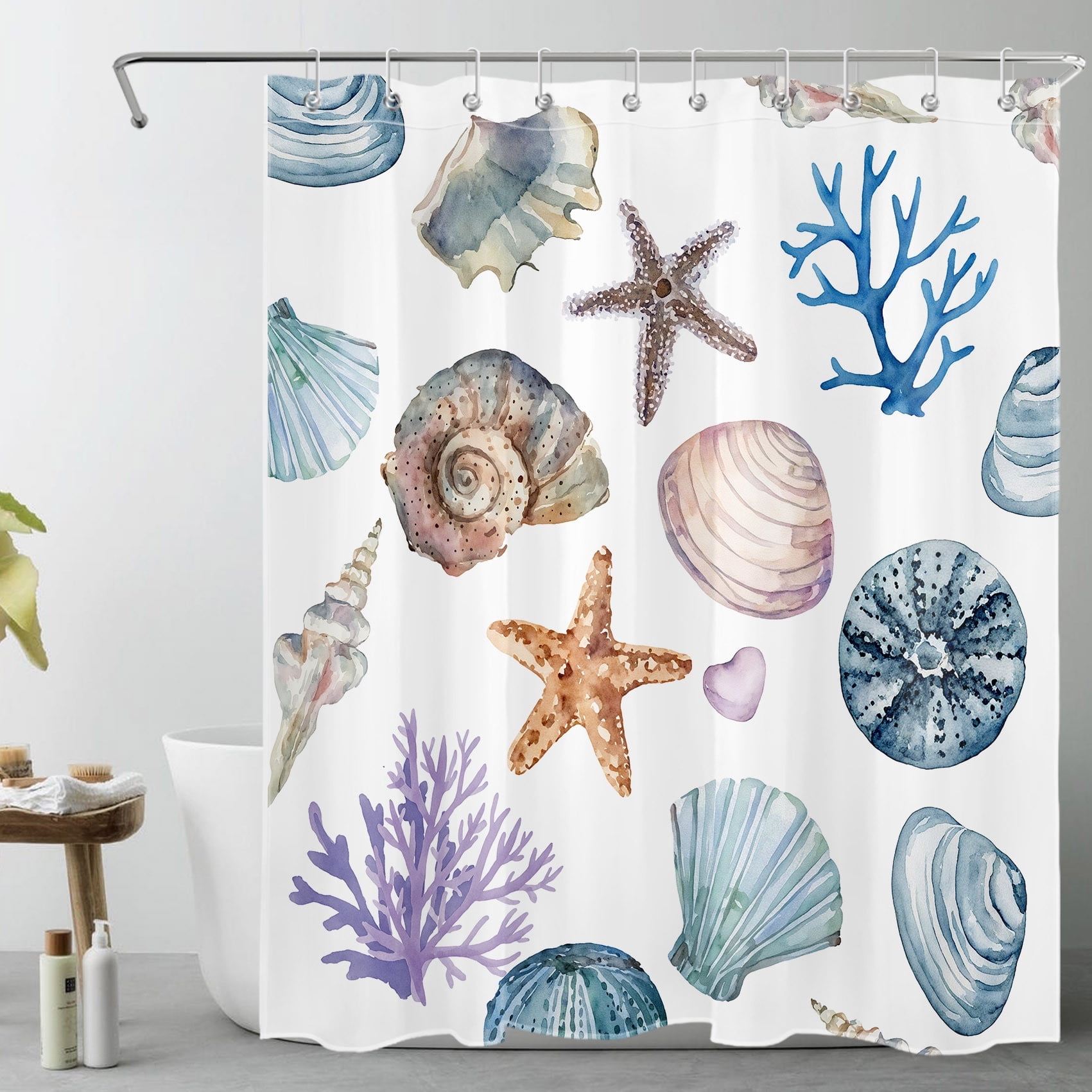 HVEST Nautical Seashell Shower Curtain with Beach Starfish and Blue ...