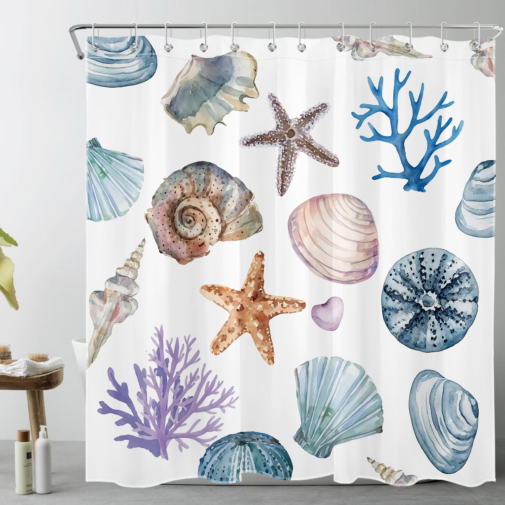 HVEST Nautical Seashell Shower Curtain with Beach Starfish and Blue ...
