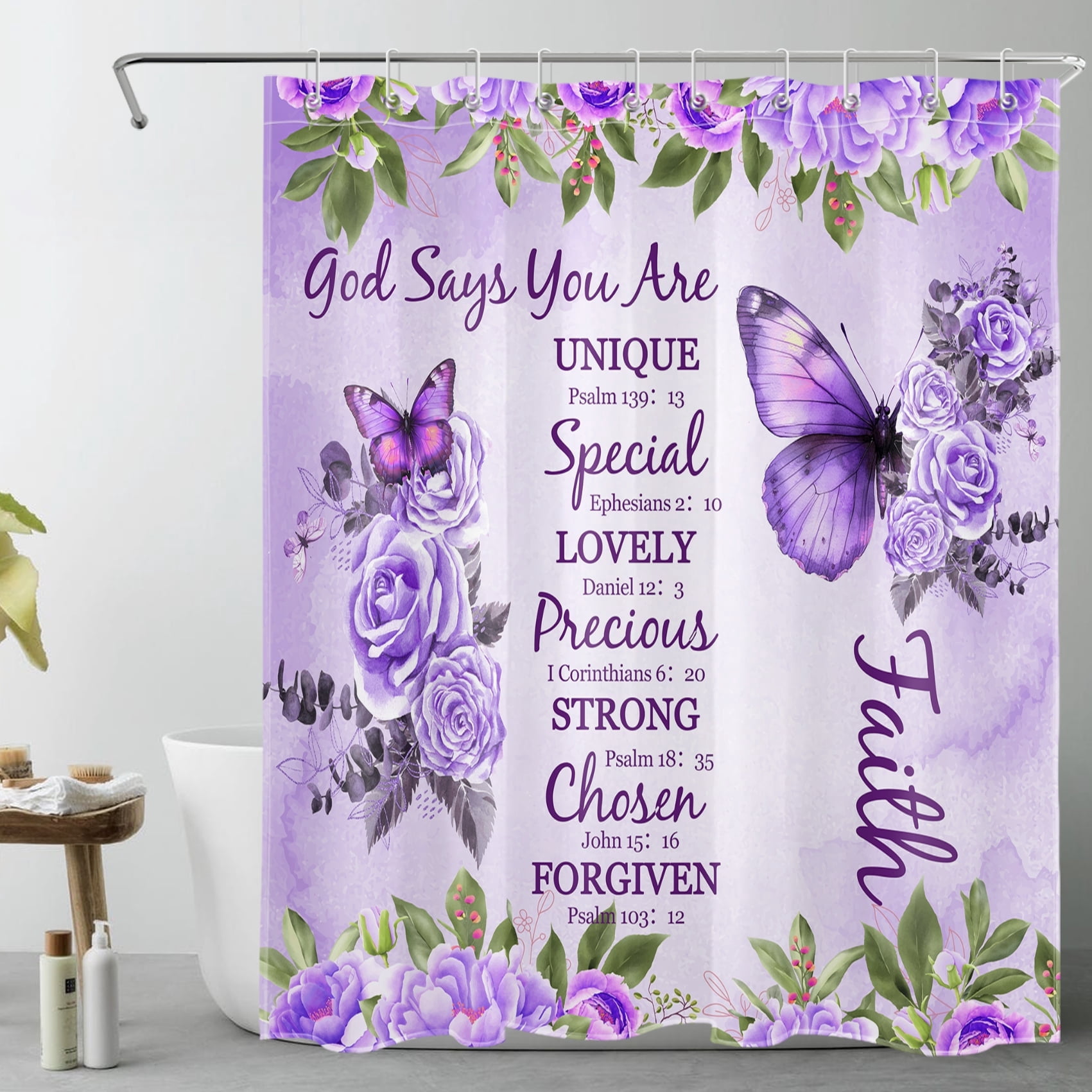 HVEST Purple Butterfly Floral Shower Curtain with Rose Flower and Bible ...