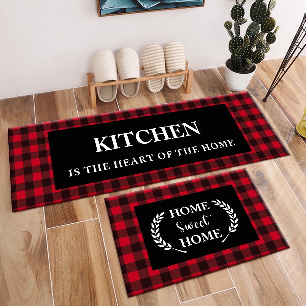 HVEST Red and Black Checkered Geometric Kitchen Rug Mat - Farmhouse ...