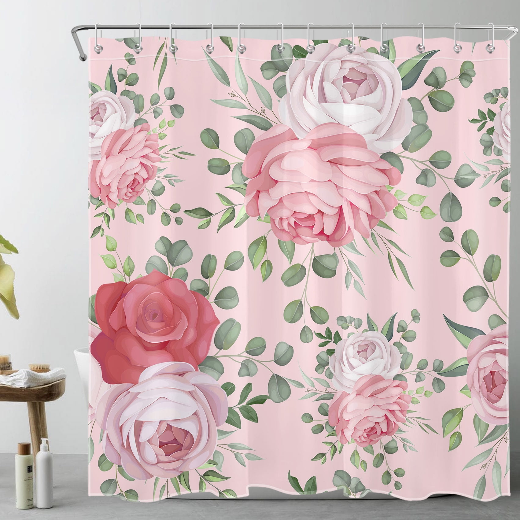 HVEST Red and Pink Floral Shower Curtain for Bathroom Flower and Sage ...