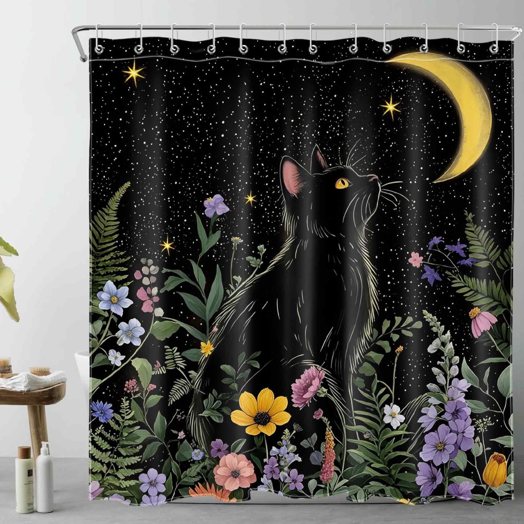 HVEST Rustic Floral Cat Shower Curtain with Black Cat and Wildflower ...