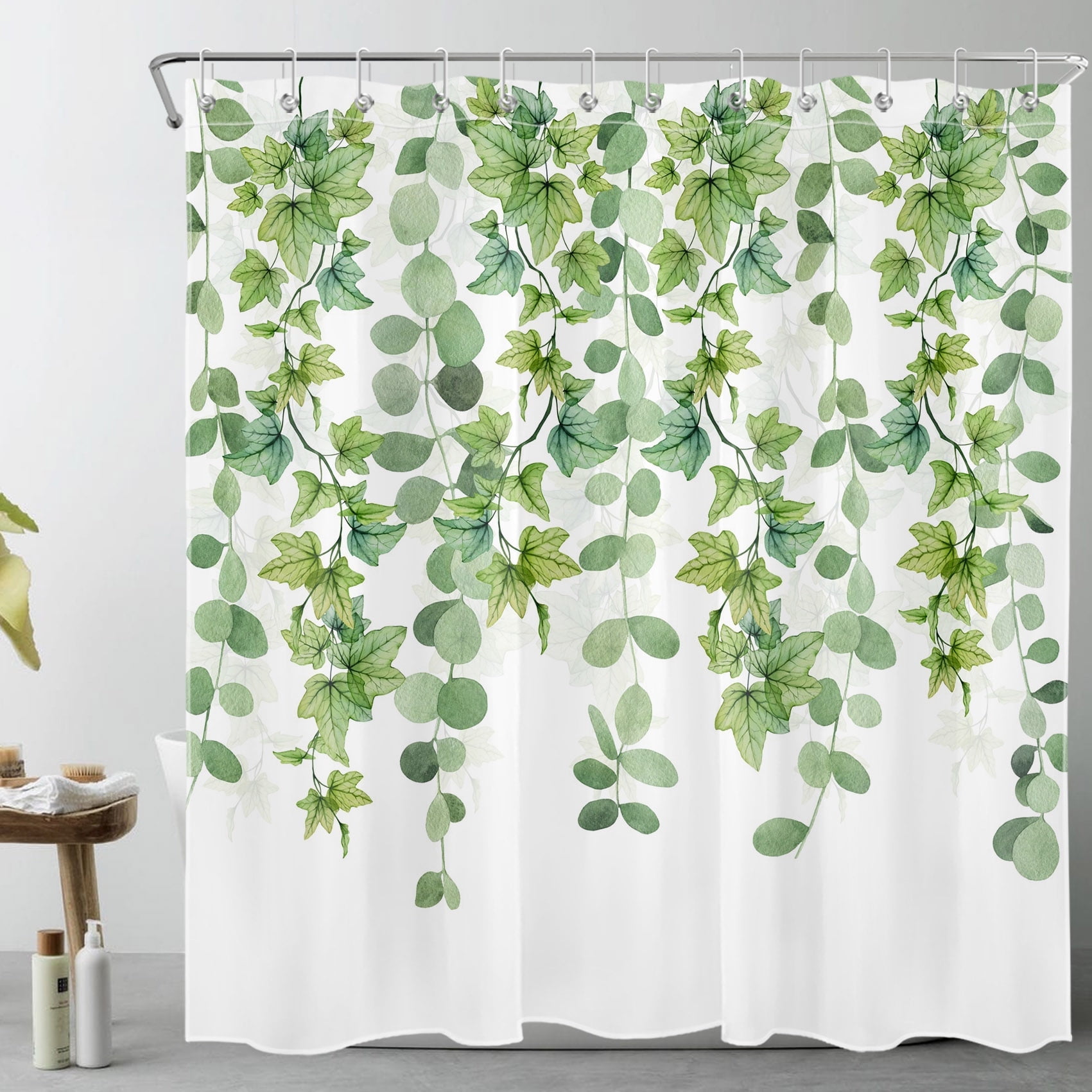 HVEST Sage Green Leaf Shower Curtain for Bathroom Eucalyptus Leaf and ...