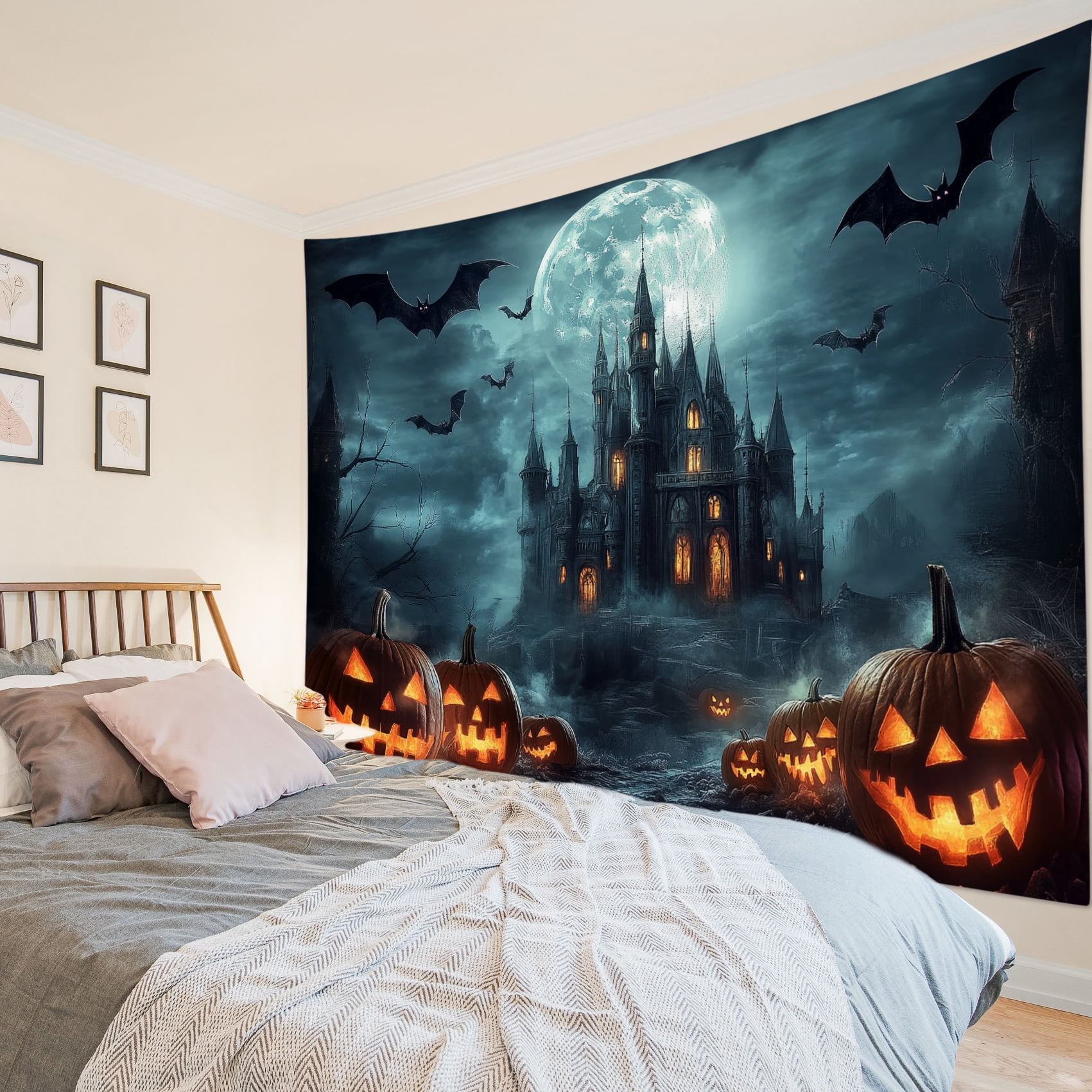 HVEST Scary Halloween Castle Tapestry Wall Hanging Spooky Pumpkin Bat ...