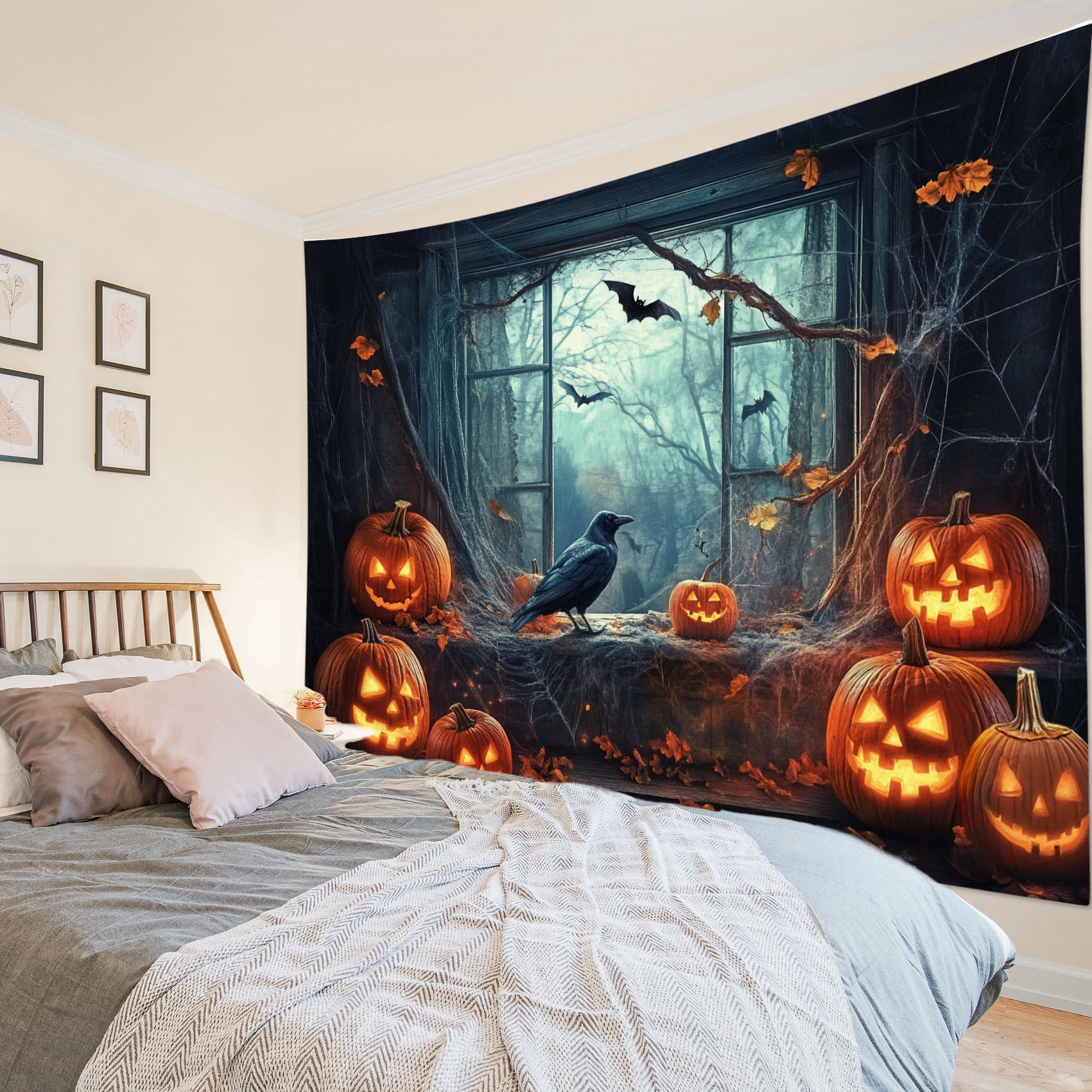 HVEST Scary Halloween Pumpkin Tapestry Wall Hanging Horror Black Crow ...
