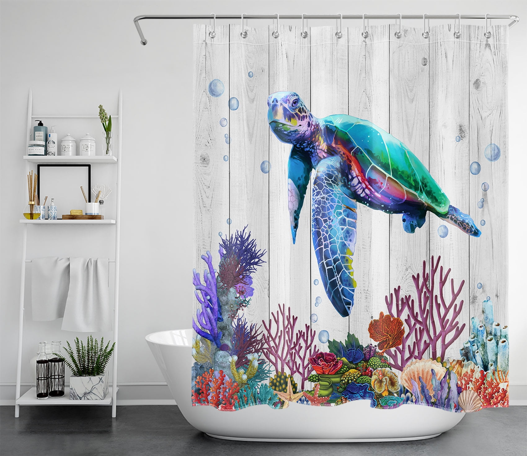 HVEST Sea Turtle Shower Curtain, Tropical Marine Life on Rustic Planks ...