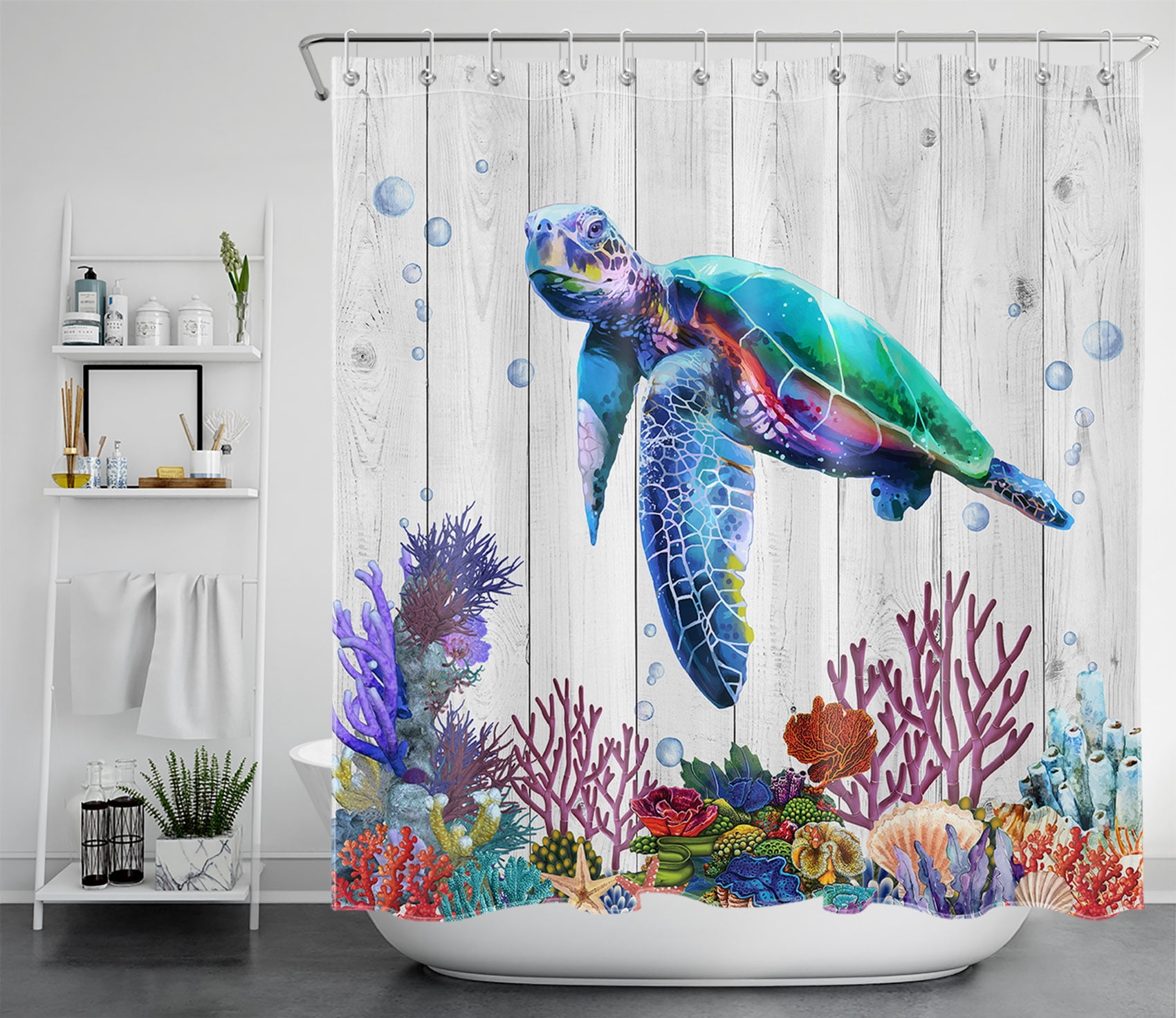 HVEST Ocean Sea Turtle Shower Curtain Set, Tropical Marine Life, 72x78 ...