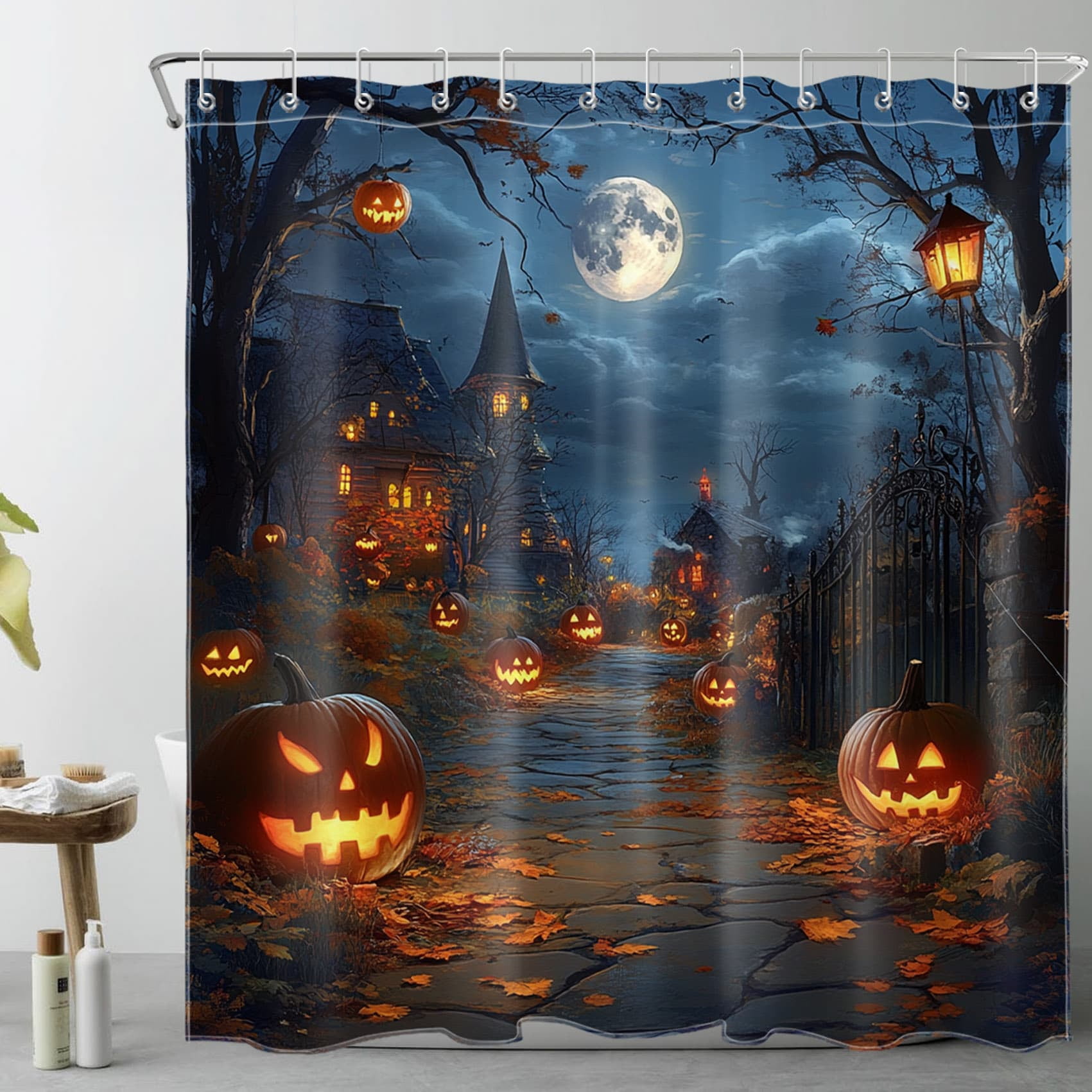 HVEST Spooky Halloween Shower Curtain with Scary Orange Pumpkin and ...