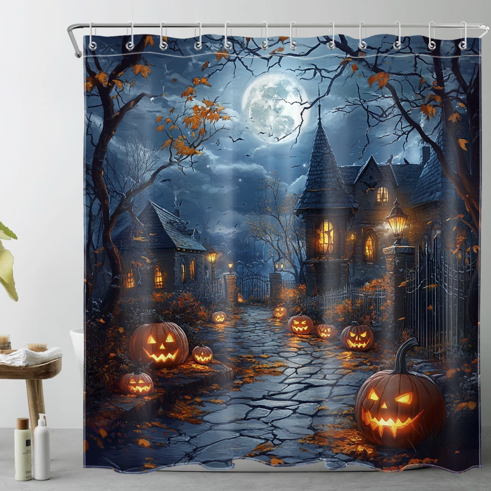 HVEST Spooky Halloween Shower Curtain with Scary Orange Pumpkin and ...
