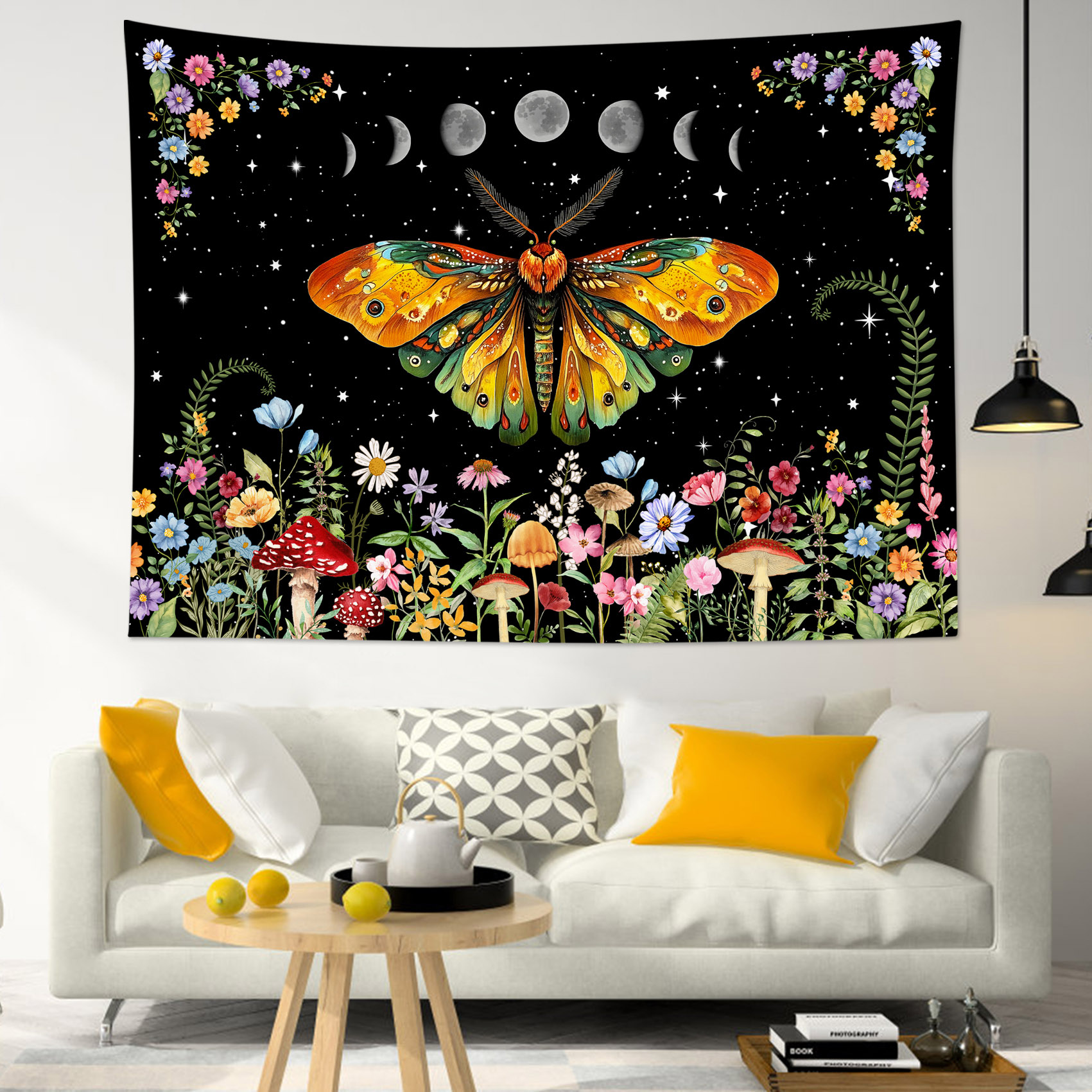 HVEST Vintage Butterfly Floral Tapestry Wall Hanging Moon Phase and ...