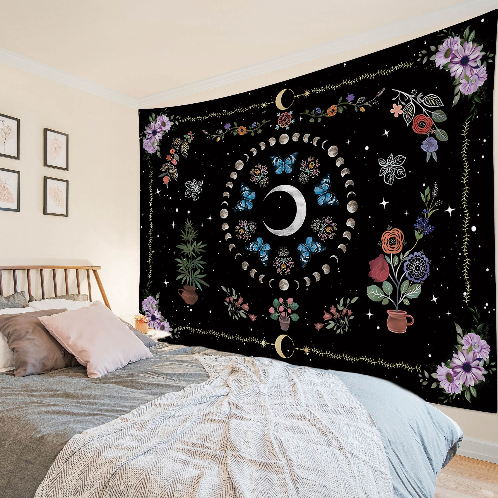 HVEST Vintage Floral Plant Tapestry Wall Hanging Moon Phase Flower ...