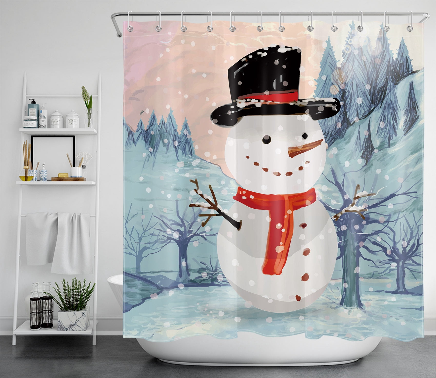 HVEST Winter Shower Curtain for Bathroom,Snowman and Forest Shower ...