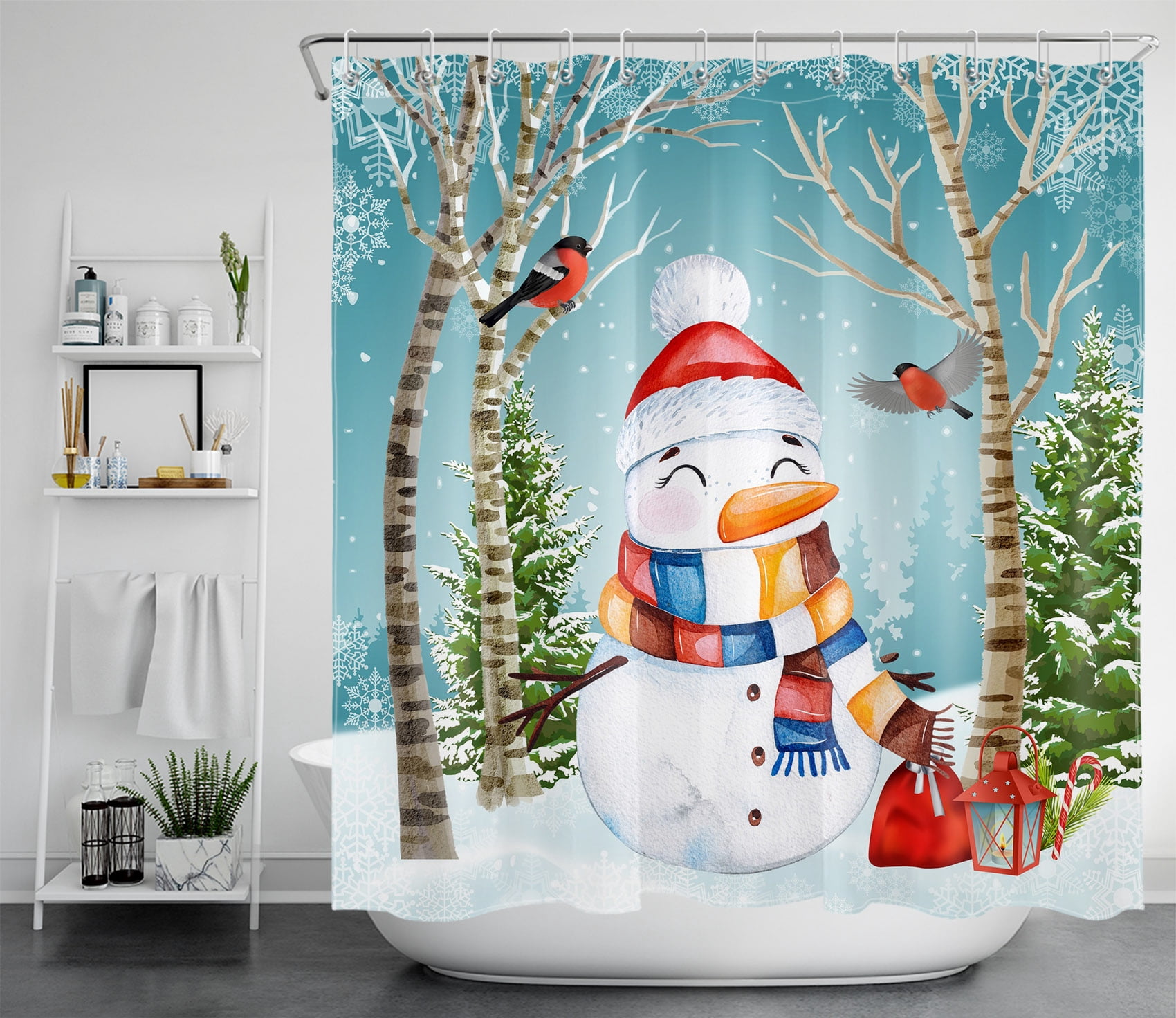 HVEST Winter Shower Curtain,Snowman and Cardinals in Pine Tree Forest ...