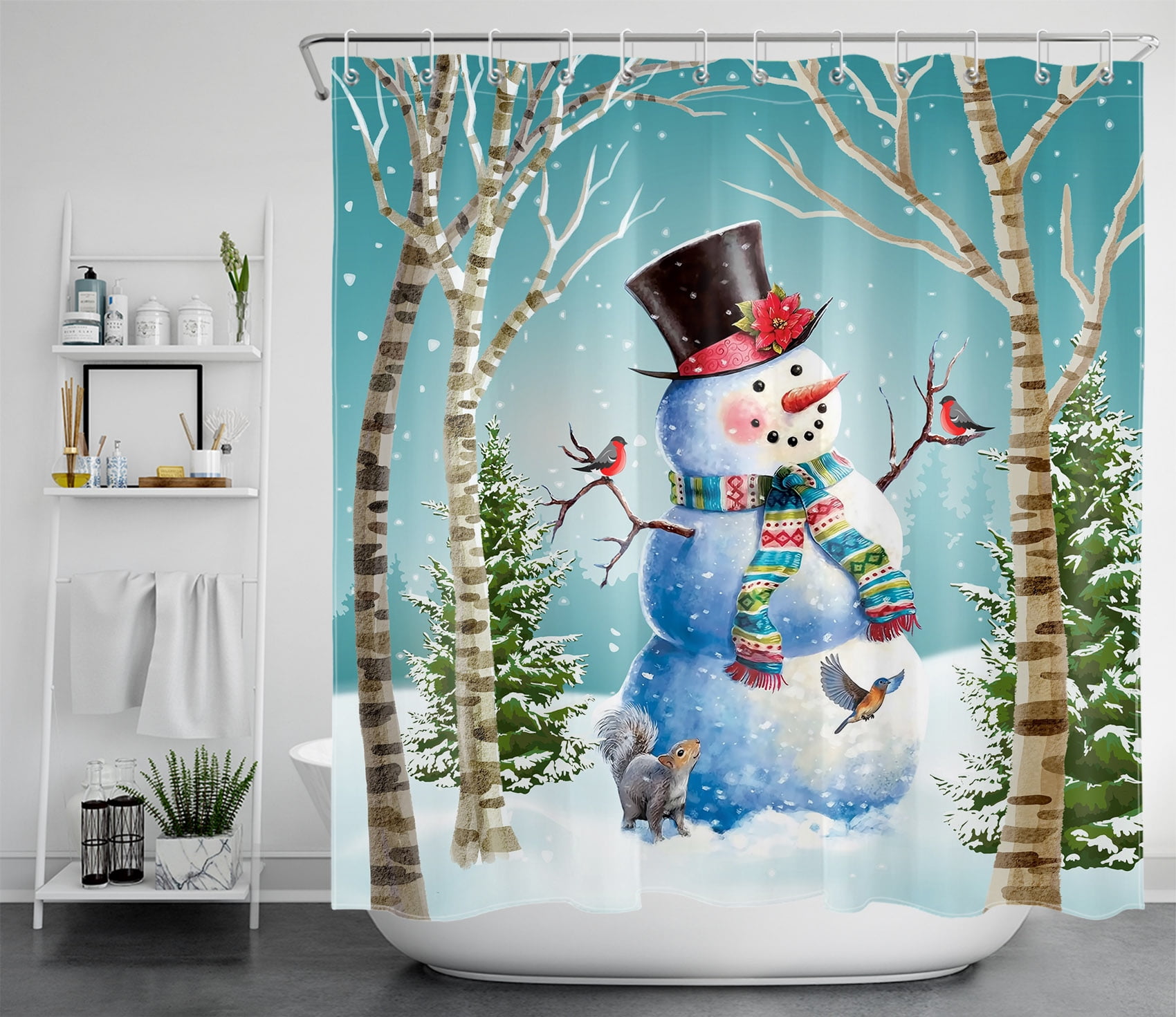 HVEST Winter Shower Curtain,Snowman,Cardinals and squirrel on Pine ...