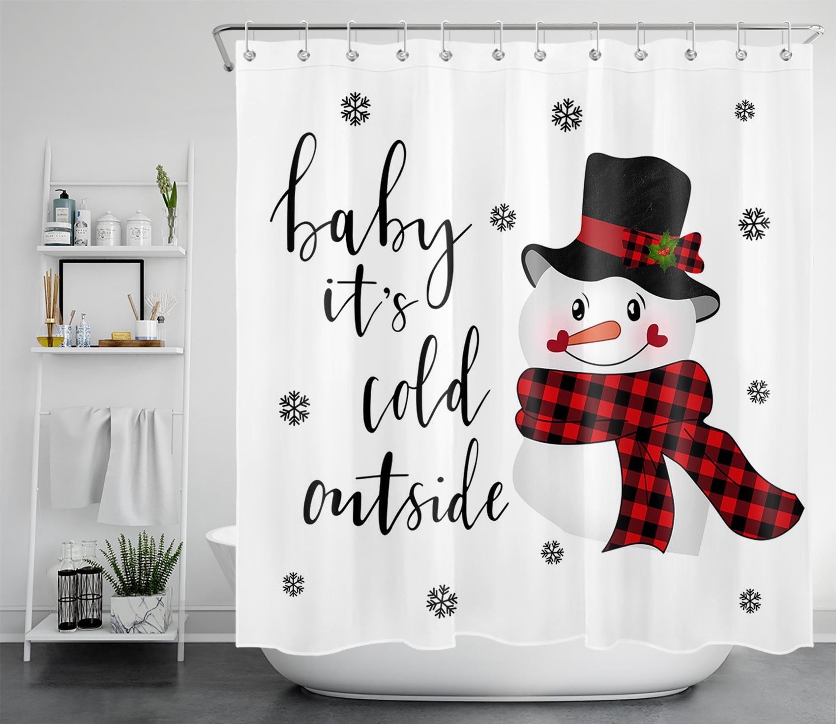 HVEST Xmas Snowman Shower Curtain, Red Scarf, Snowflakes, Waterproof ...