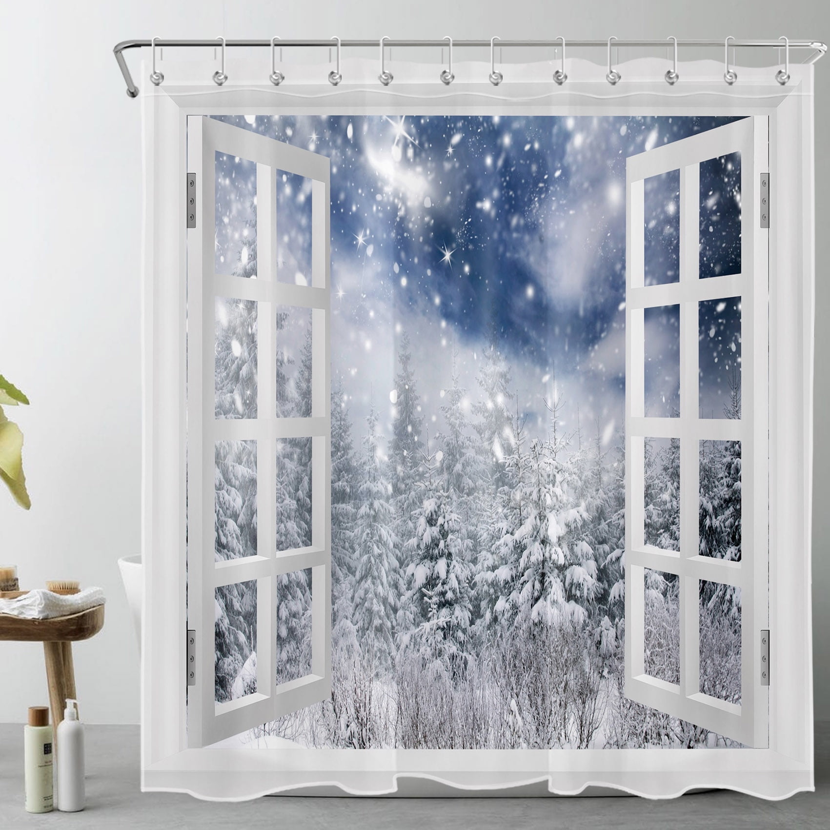 HVEST Winter Snow Scene Shower Curtain Snow Scene with Pine Tree and ...