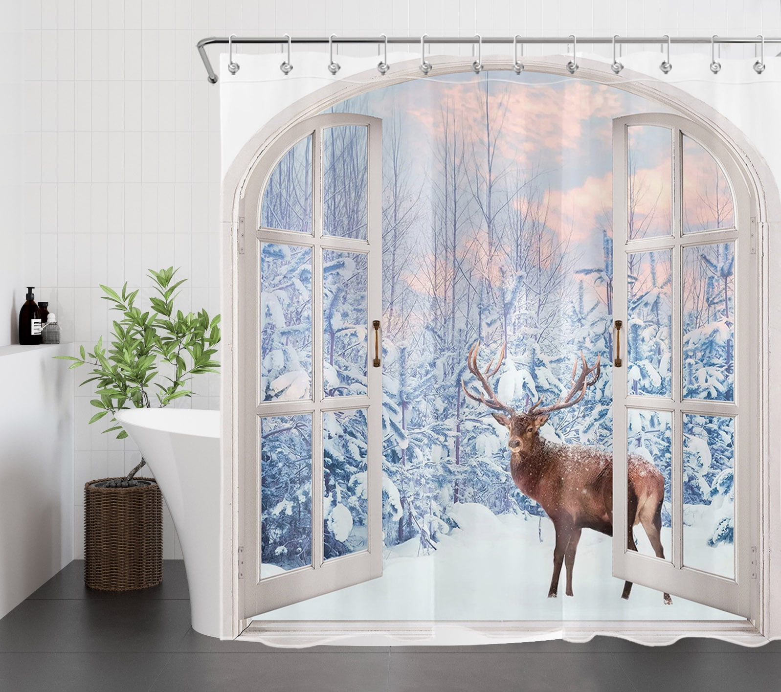 HVEST Winter Snow Shower Curtain,Deer in Snowy Forest Bathroom Shower ...
