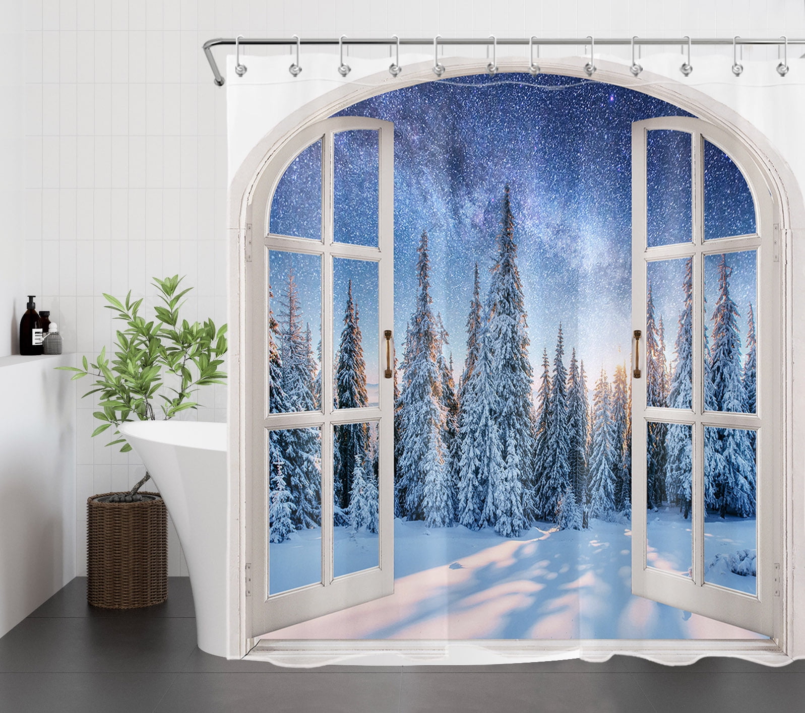 HVEST Winter Snow Shower Curtain,Forest Snow Scene with Window Bathroom ...