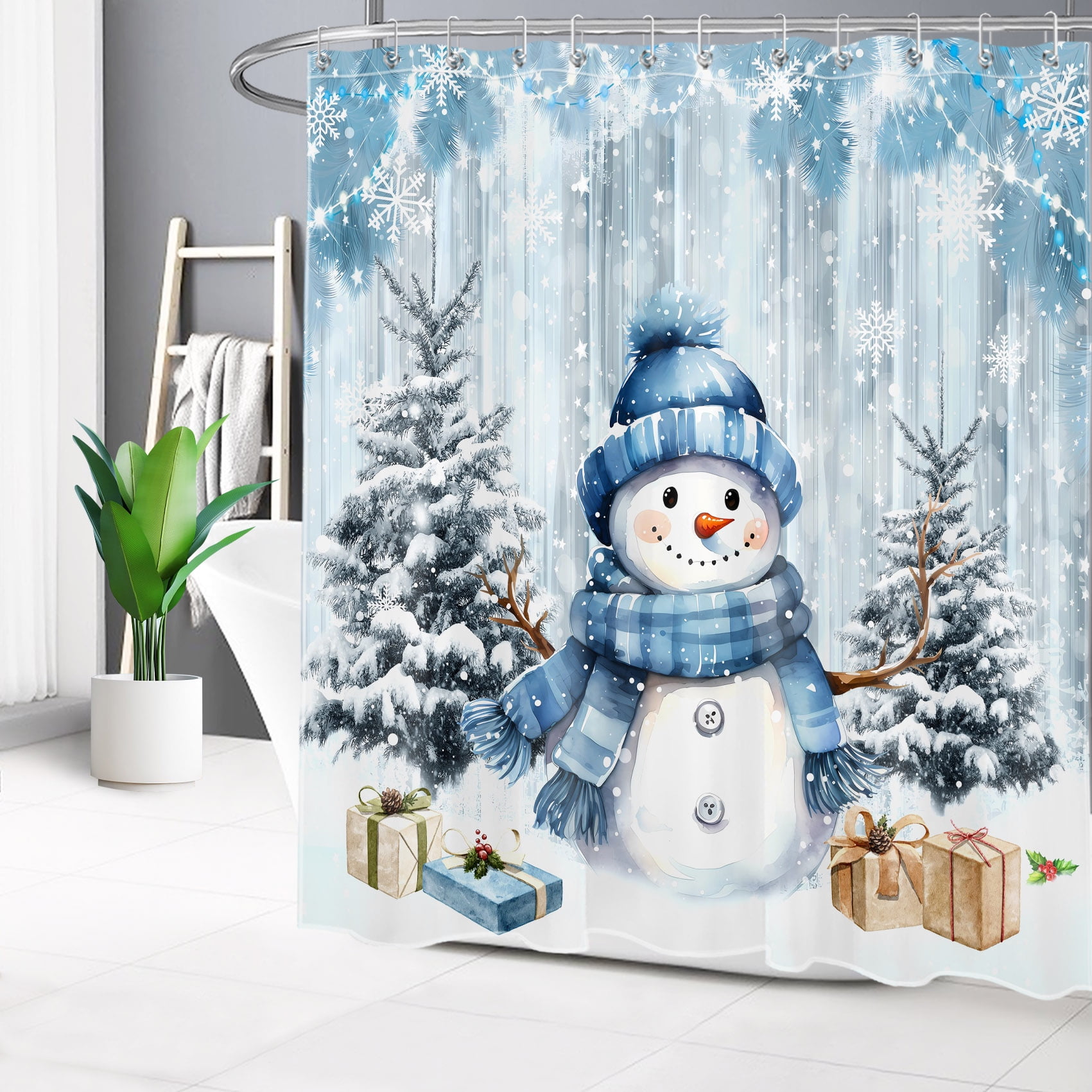 HVEST Winter Snowman Shower Curtain Christmas Tree with Blue Snowman ...