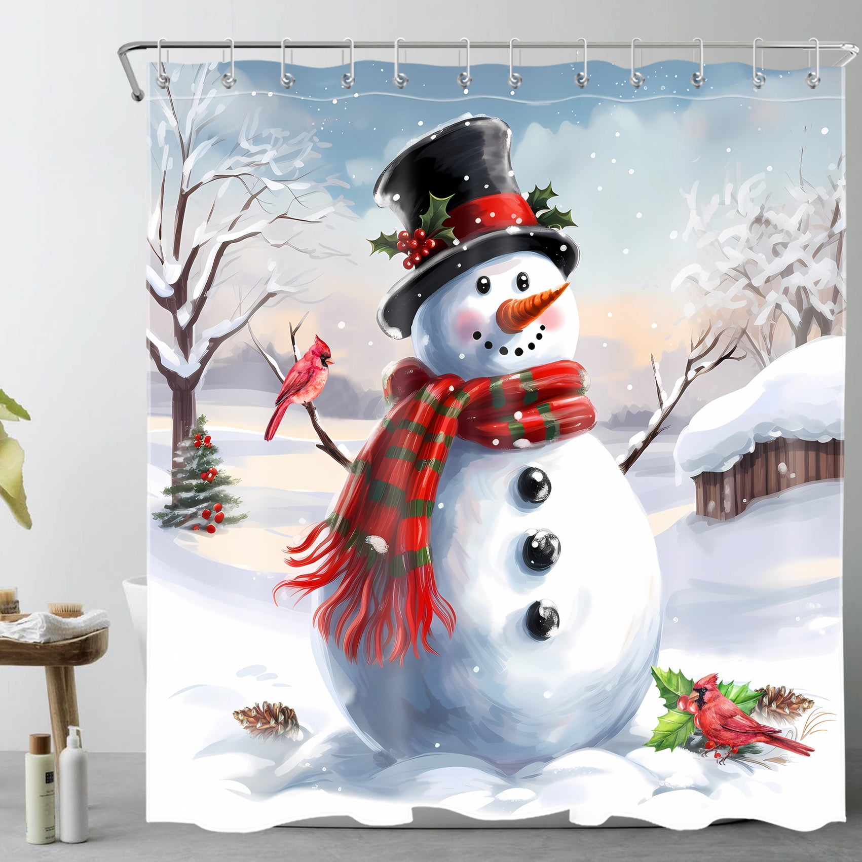 HVEST Winter Snowman Shower Curtain Snowman Christmas Tree and Cardinal ...
