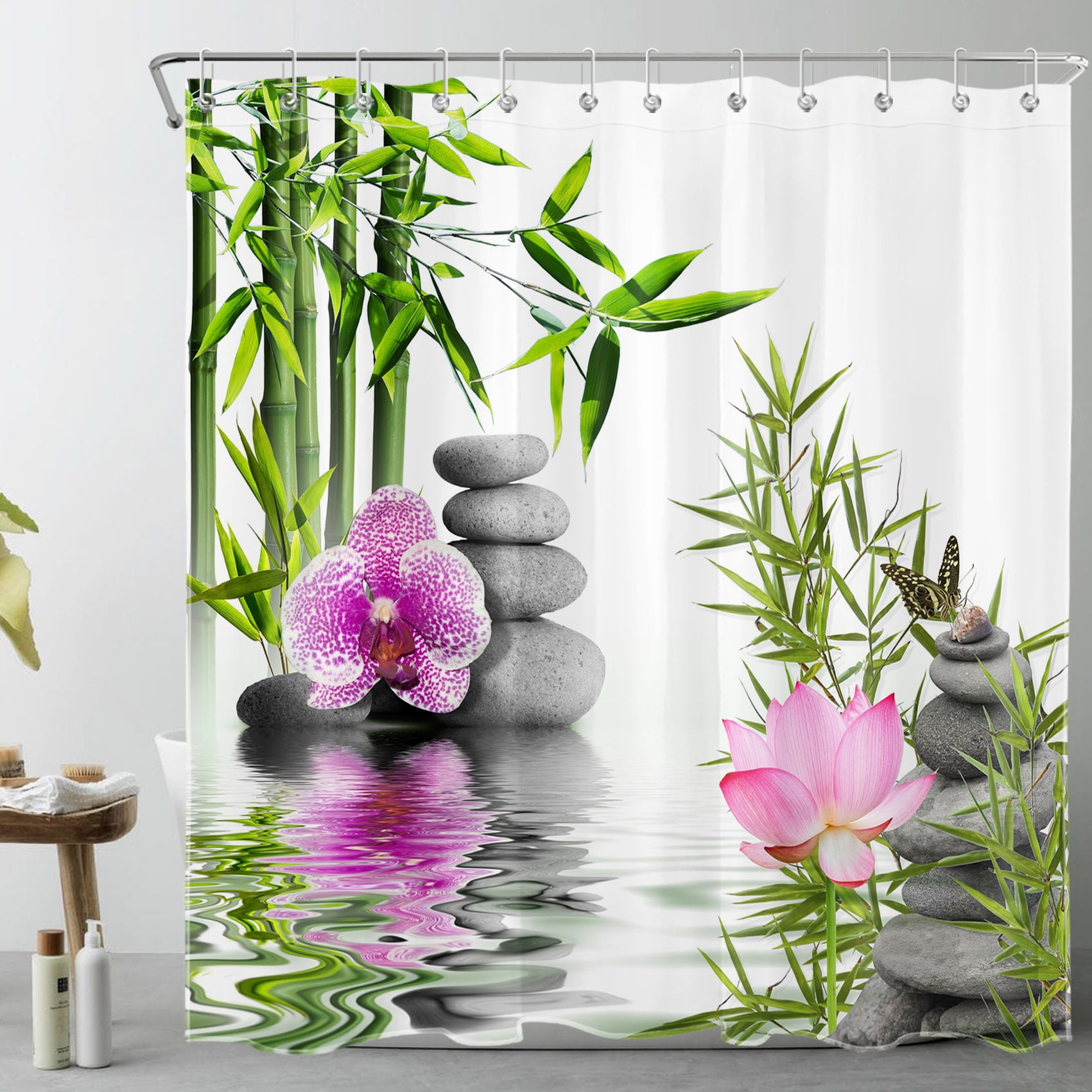 HVEST Zen Spa Shower Curtain for Bathroom Grey Pebble and Pink Flower ...