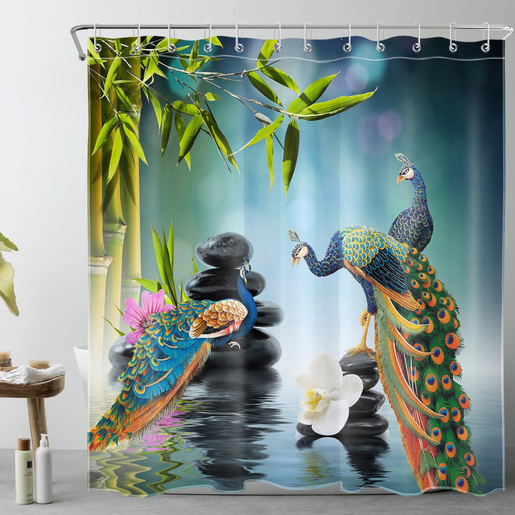 HVEST Zen Spa Theme Shower Curtain Green Bamboo Leaf and Colorful ...