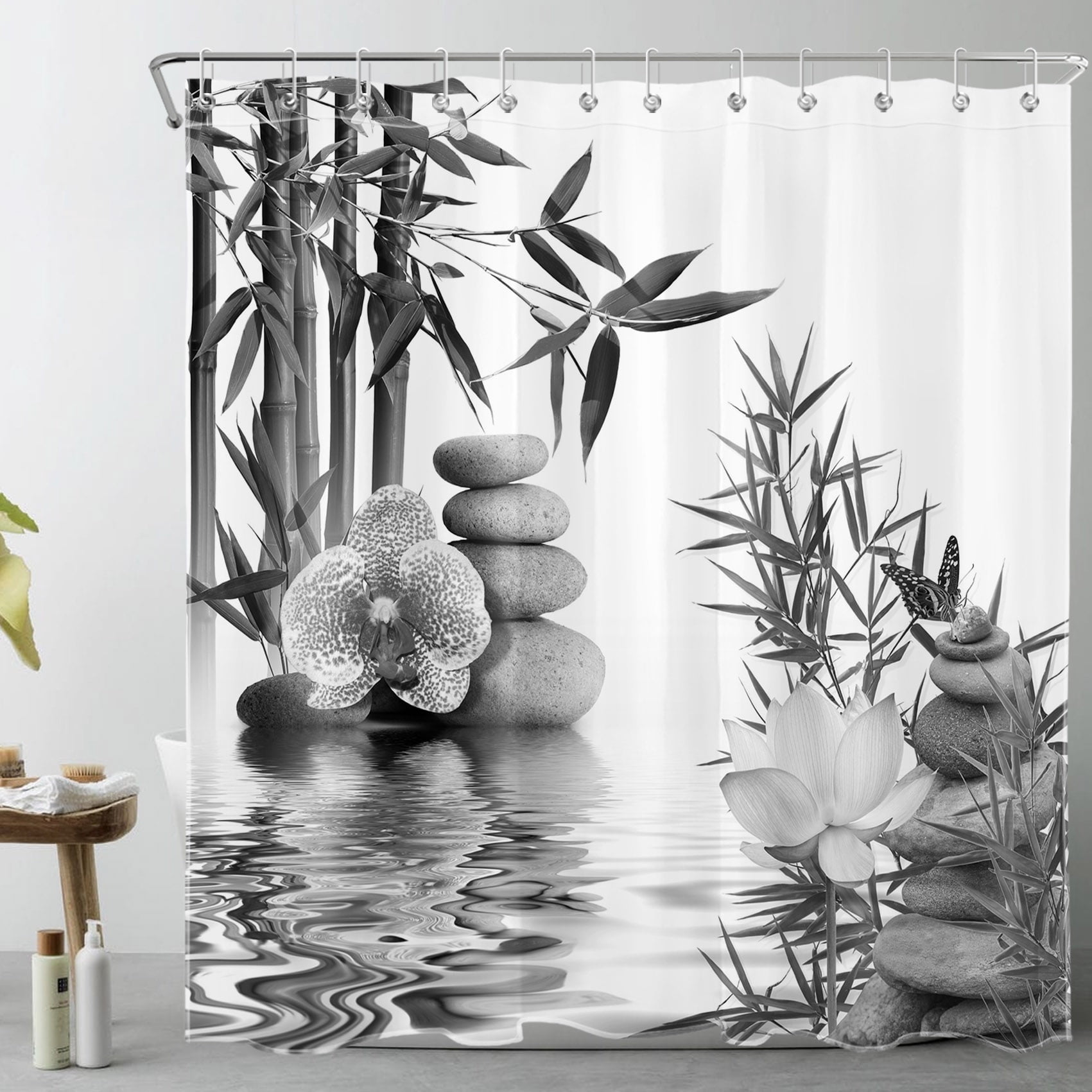 HVEST Zen Stone Shower Curtain for Bathroom Grey Bamboo Leaf and Water ...