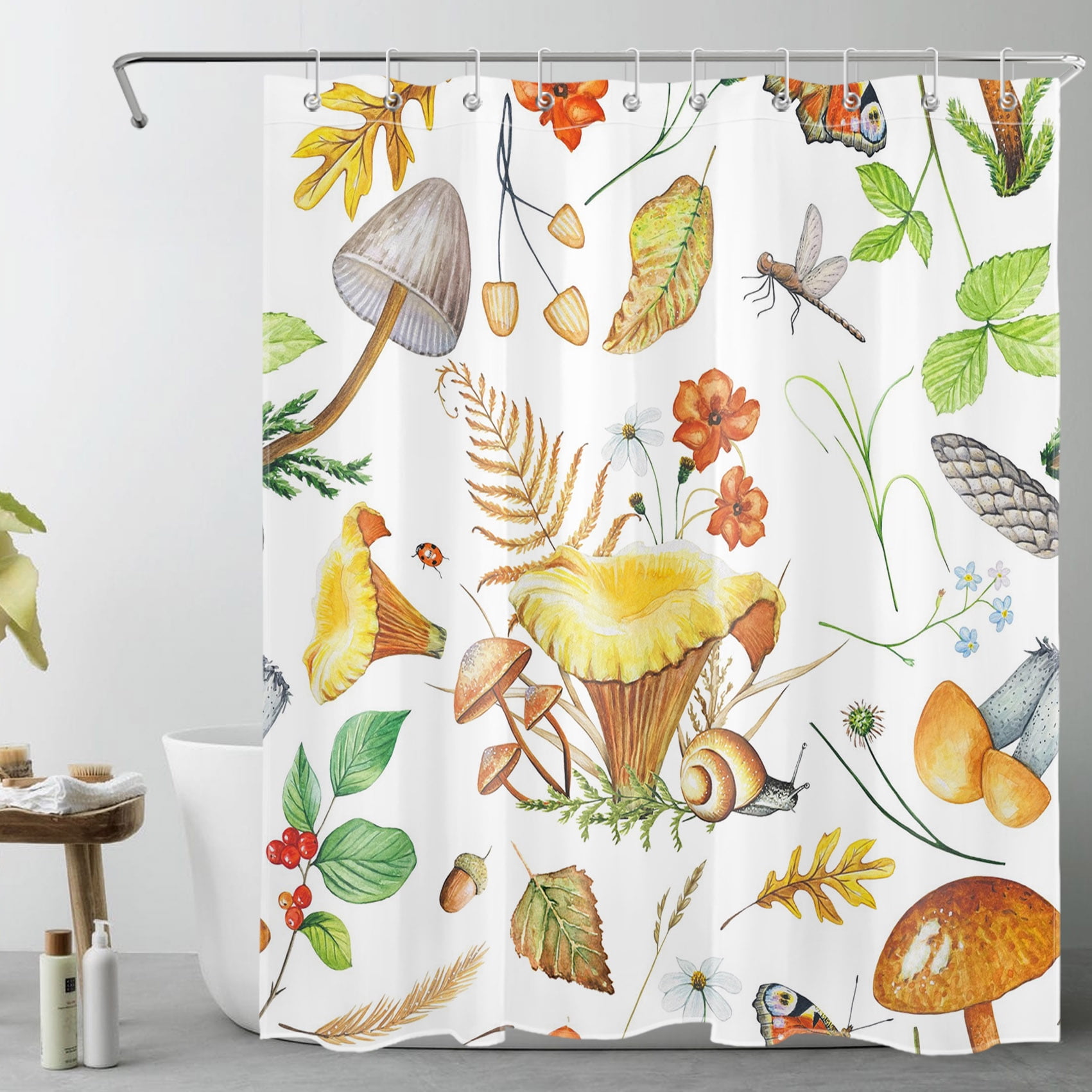 HVESTColorful Mushroom Shower Curtain Mushroom with Plant and Insect ...