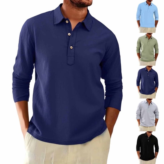 HVOBTTY Summer Men's Long Sleeve Collared ShirtsSolid Color Linen Style ...