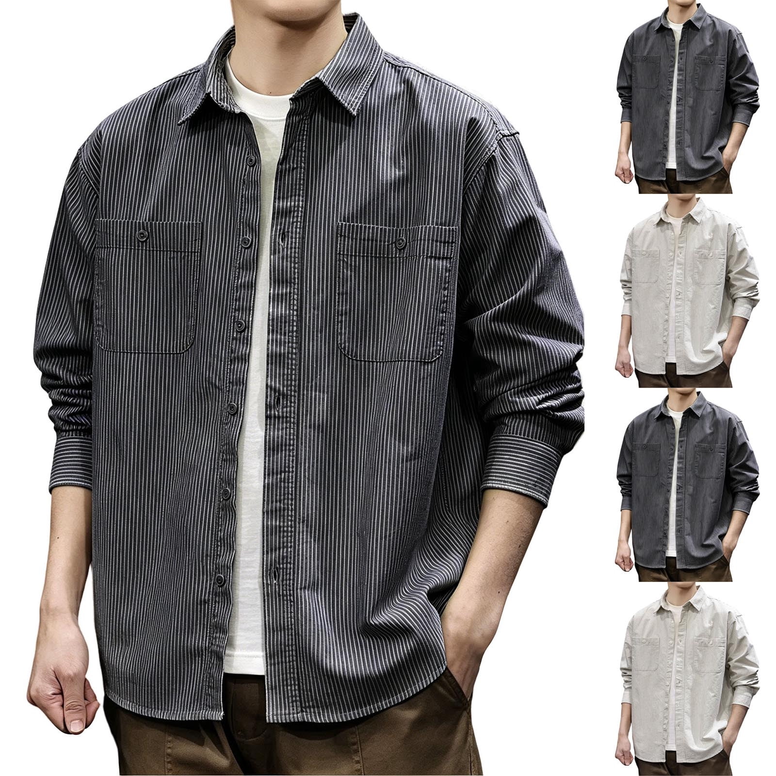 HVOBTTY Summer Men's Long Sleeve Collared ShirtsSolid Color Plain Basic ...