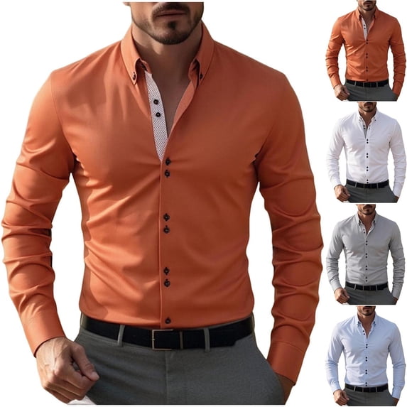 HVOBTTY Summer Men's Long Sleeve Collared ShirtsSolid Color Slim ...