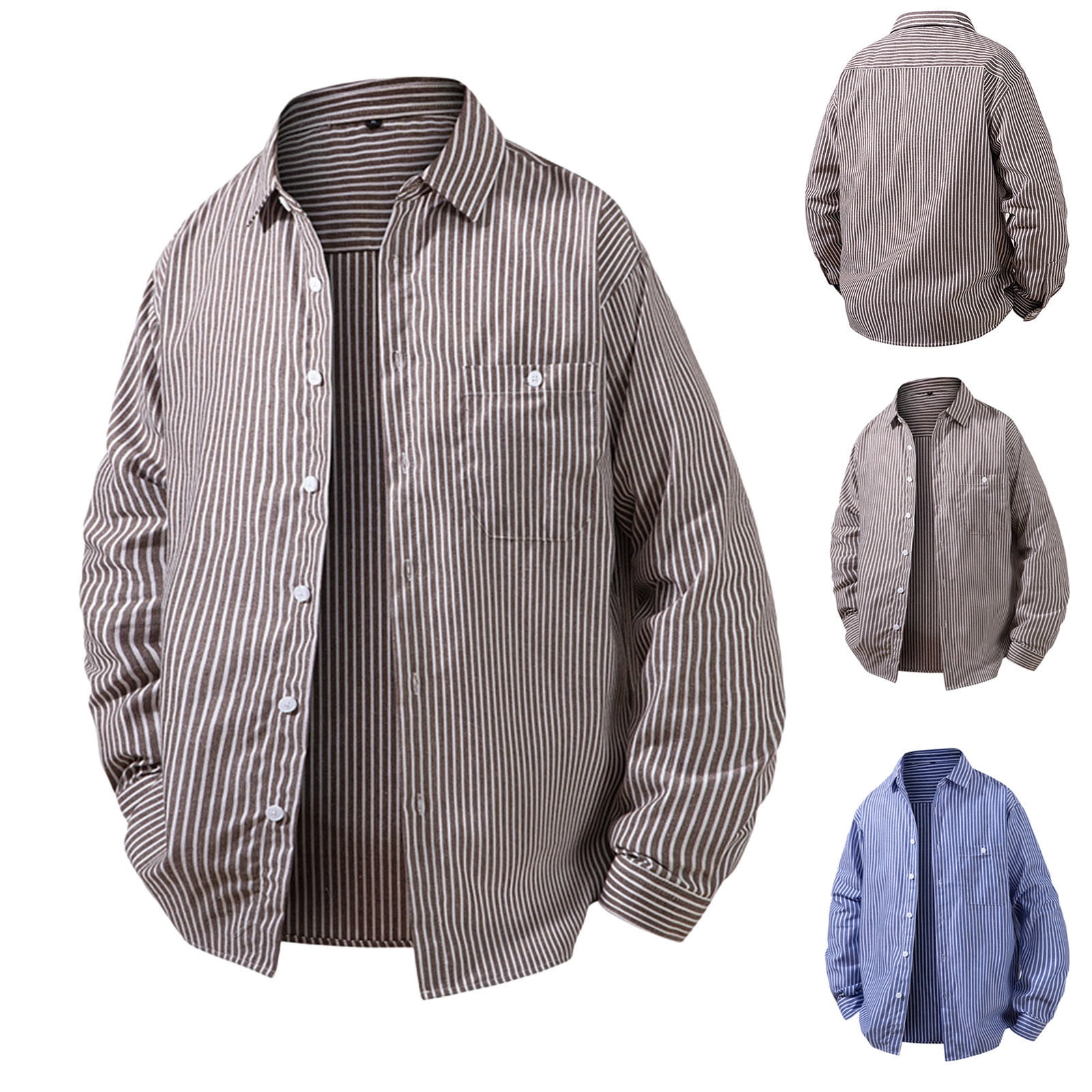HVOBTTY Summer Men's Long Sleeve Collared ShirtsStriped with Front ...