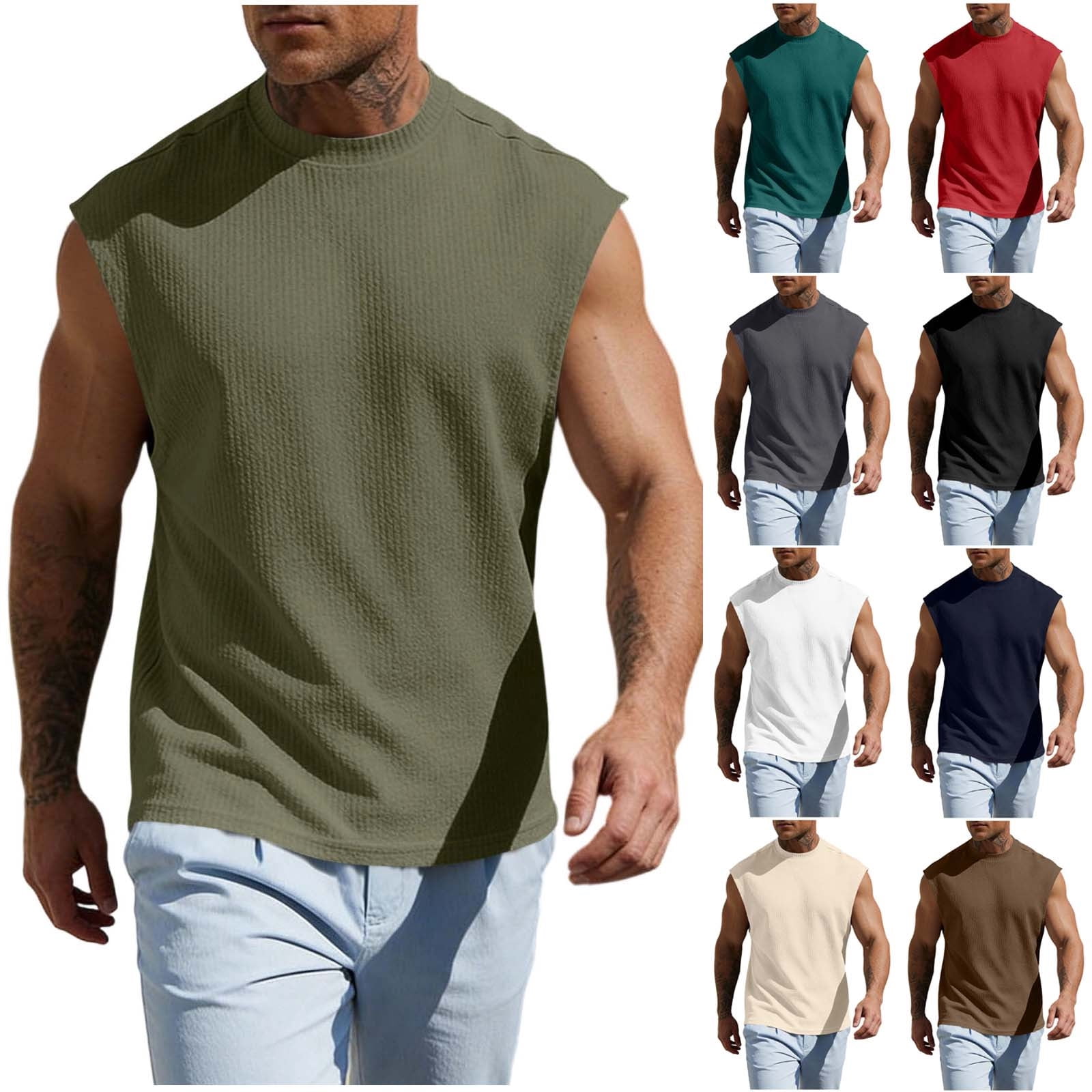 HVOBTTY Summer Men's Sleeveless Crew Neck Tank TopSolid Color Slim Cut ...