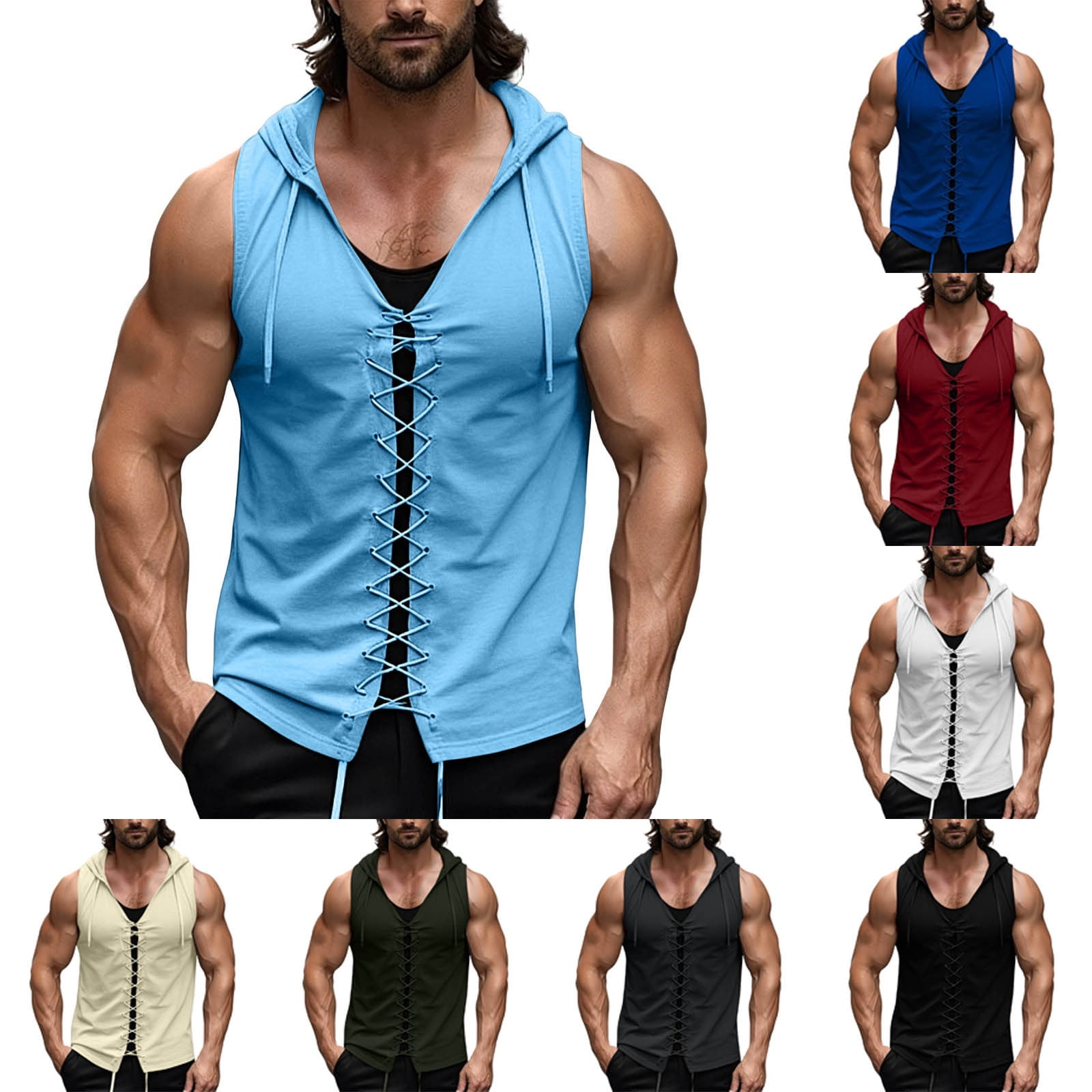 HVOBTTY Summer Men's Sleeveless Hooded Tank TopSolid Color Hooded ...