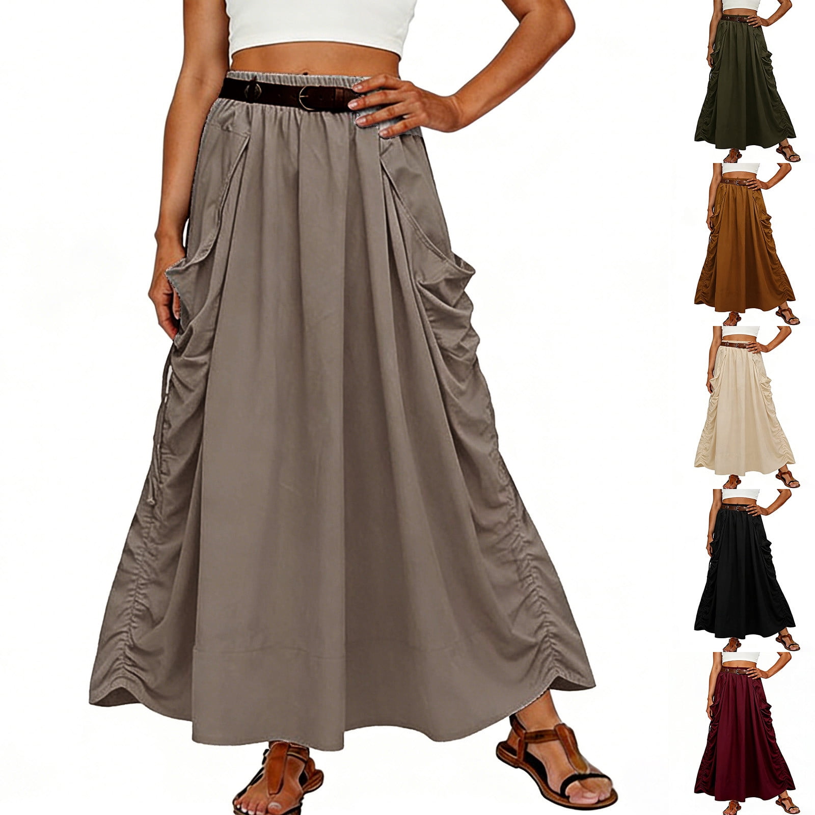 HVOBTTY Summer Women's A line Maxi Skirt Bohemian Cotton Dstring Waist ...