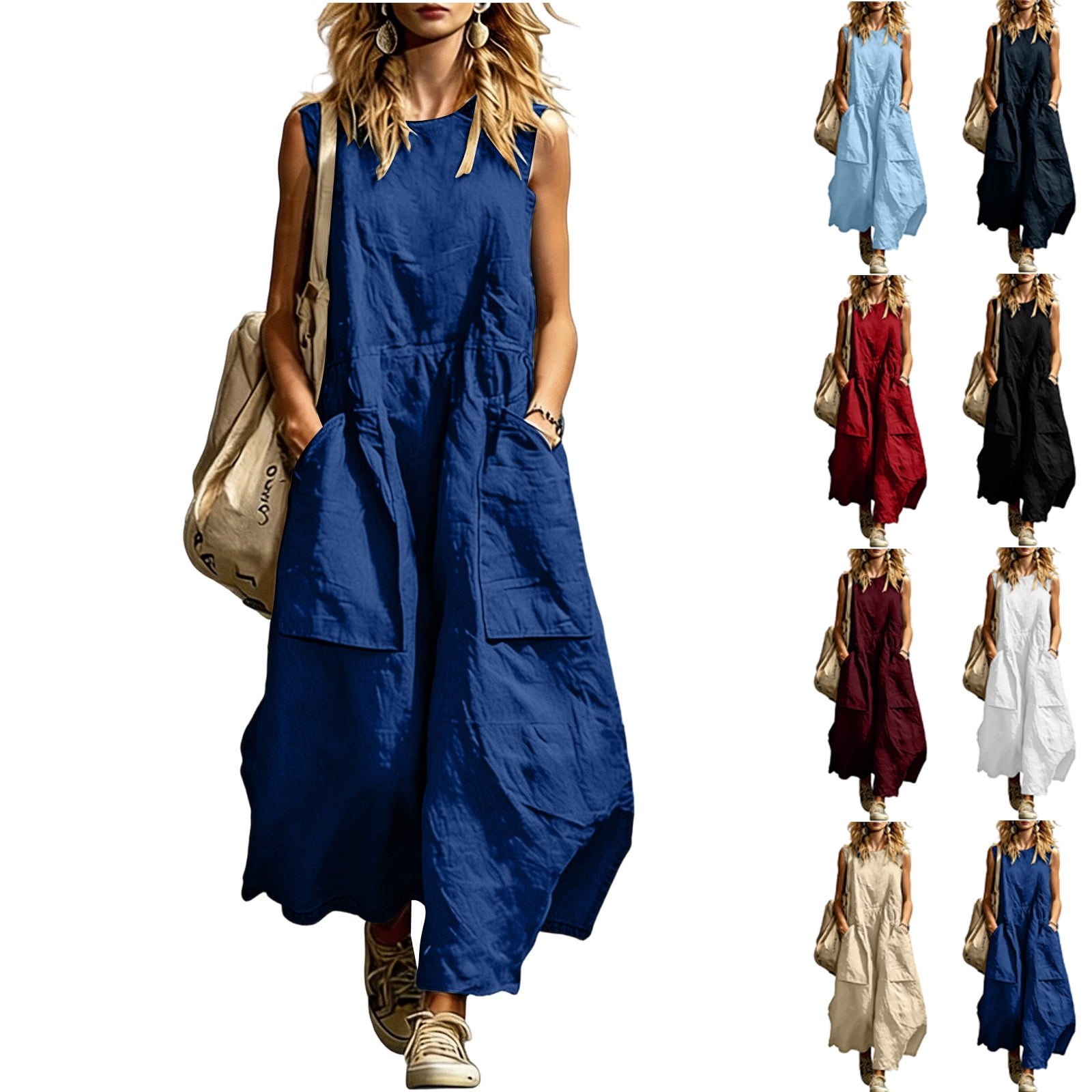 HVOBTTY Summer Women's Sleeveless Maxi A-Line Dress Solid Color V Neck ...