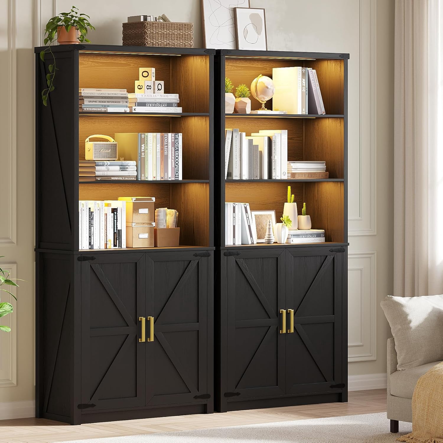 HWB 2PS Bookshelf and Bookcase with Doors, Farmhouse 5 Tier Book ...