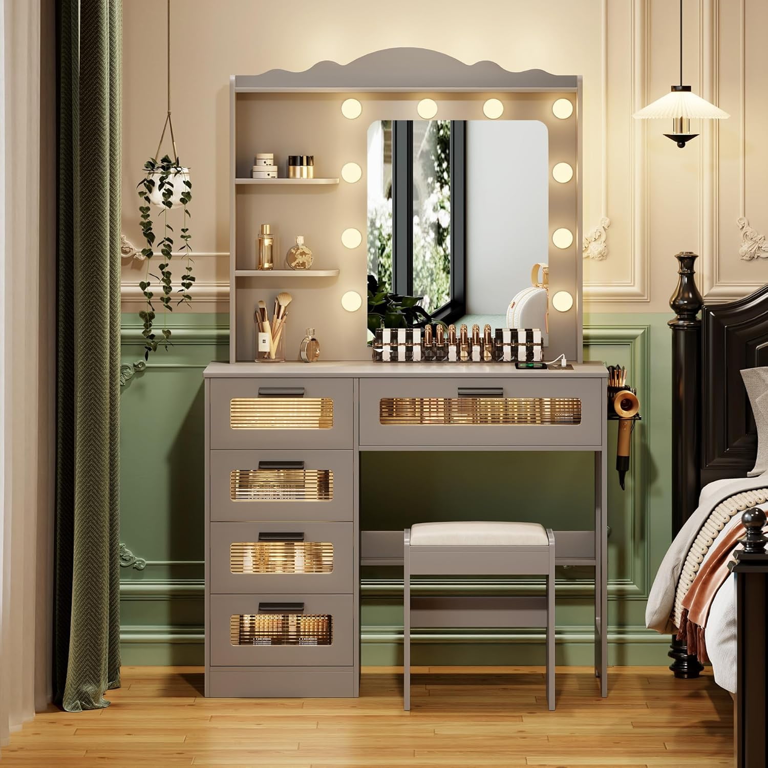 HWB Makeup Vanity Desk with Mirror and Lights,Vanity Table with 5 ...