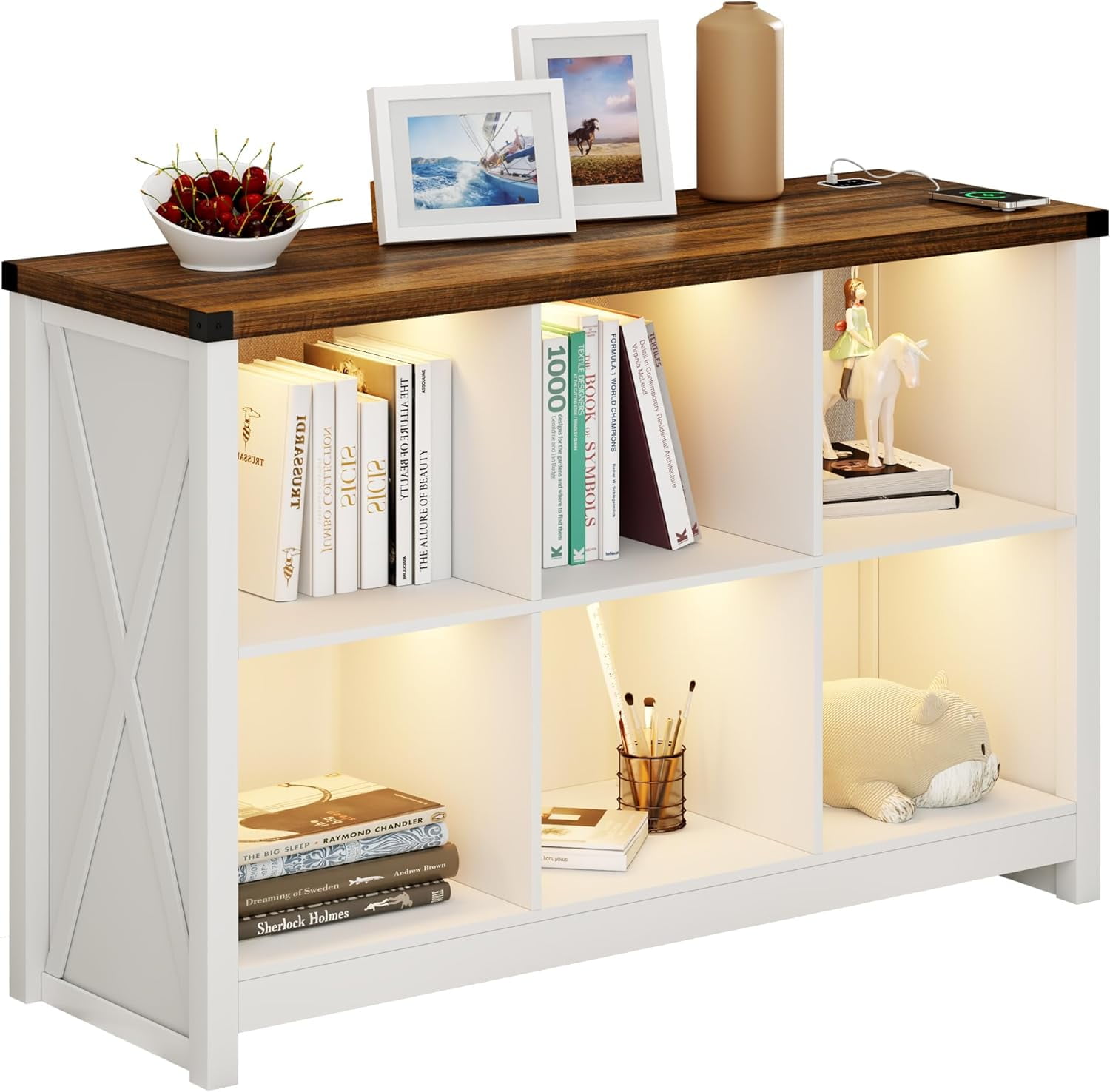 HWB White Bookcase with Led Lights, Farmhouse 6 Cube Book Cases with ...