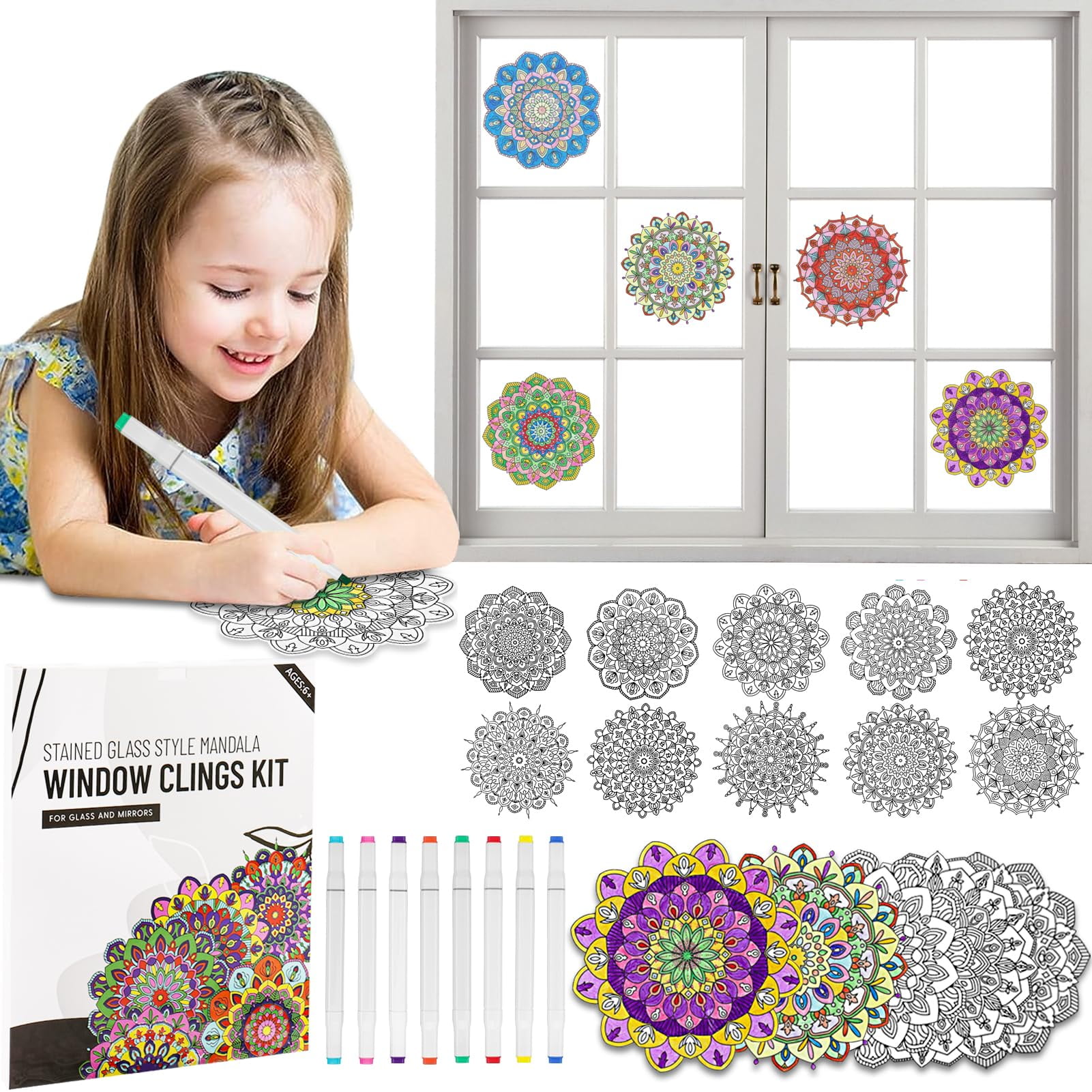 HWPRATO Stained Glass Mandala STF9 Art Kit, DIY Window with Markers for ...